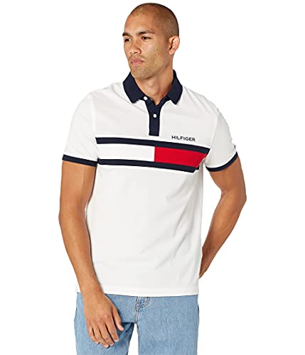 Tommy Hilfiger Men's Short Sleeve Cotton Pique Flag Polo in Regular Fit, Bright White, Medium