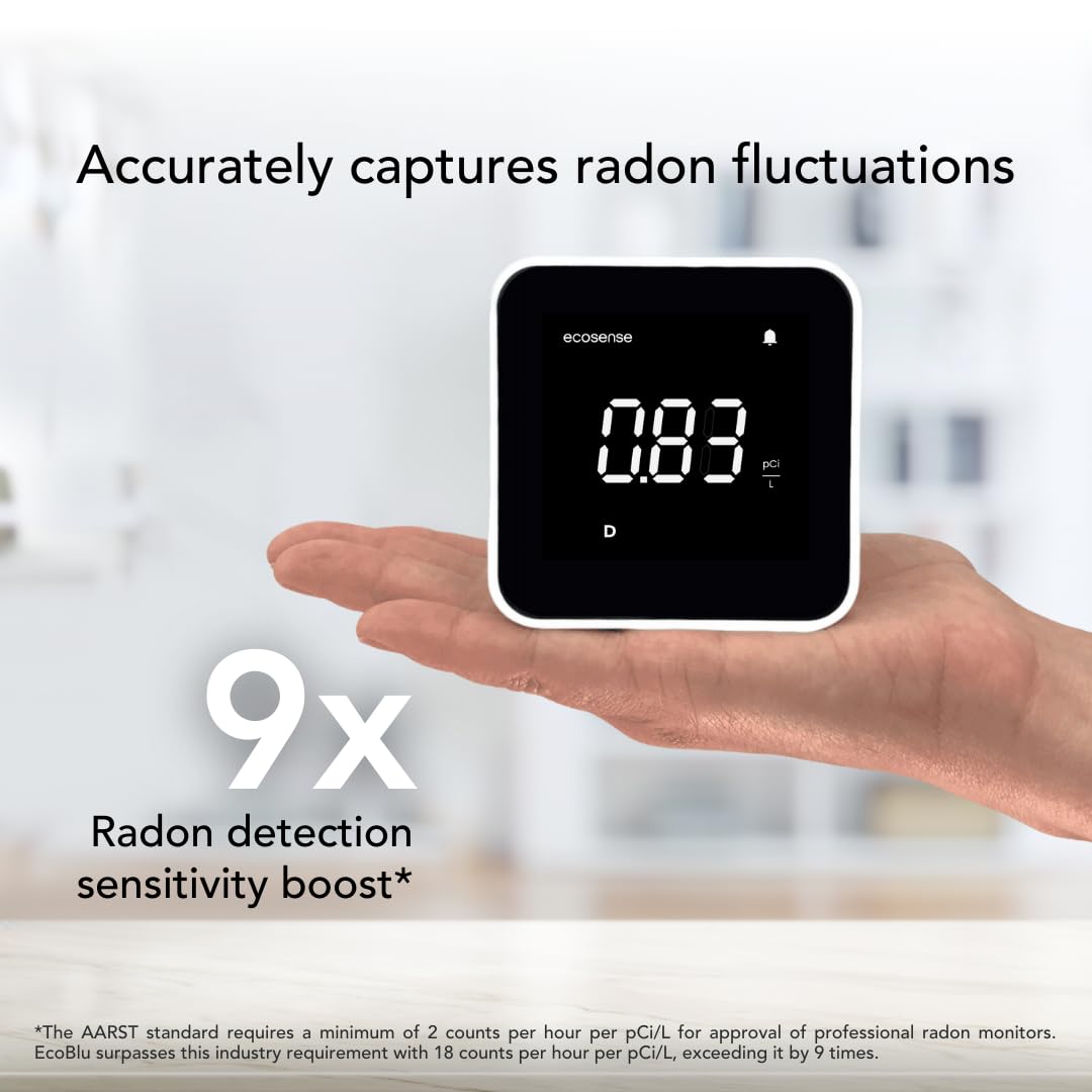 Ecosense EB100 EcoBlu, Home Radon Detector, Capture & Display Results Every 10 Minutes, Short & Long-Term Continuous Monitoring, Easy to Use