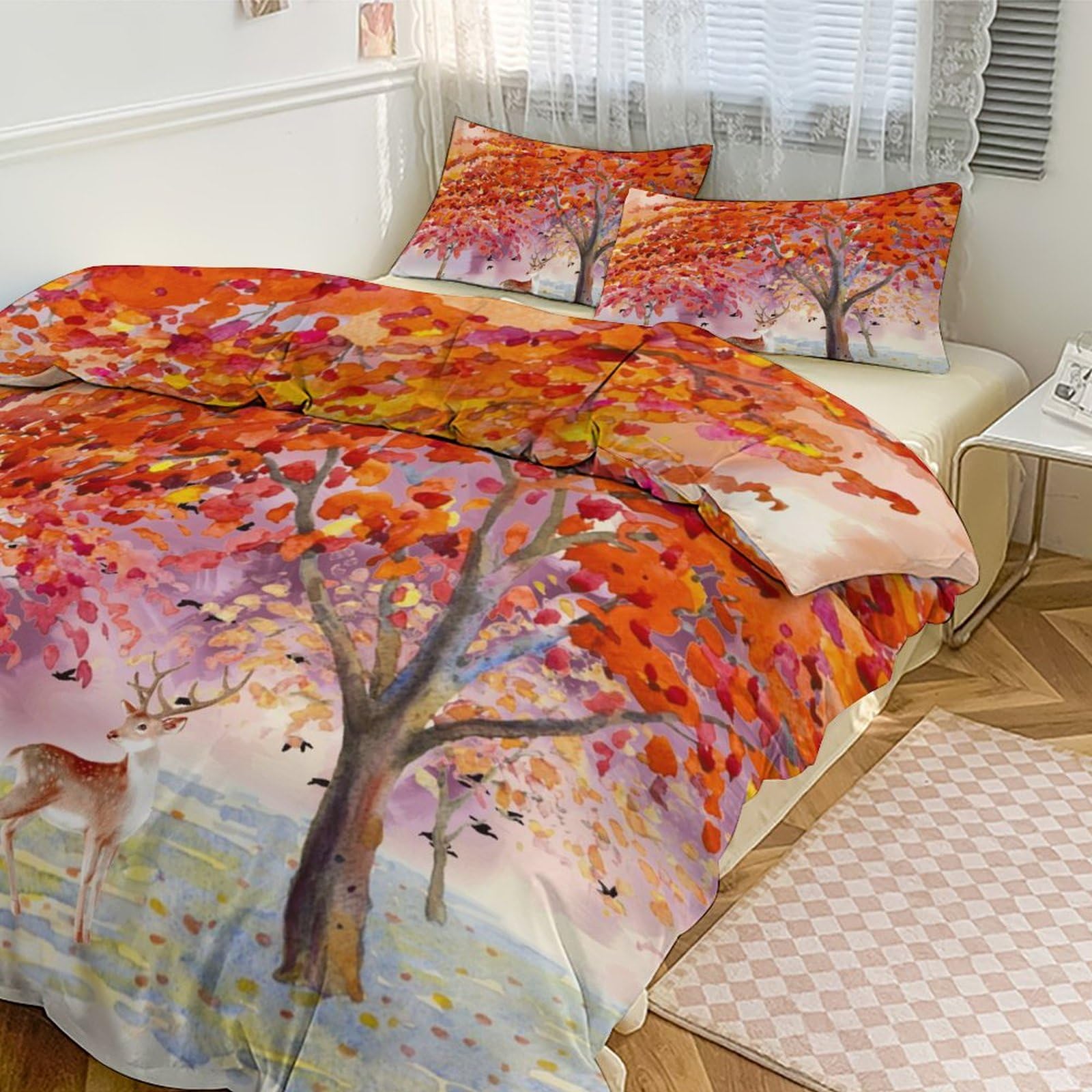 GDSCCLGX Rustic Fall Forest Deer Comforter Cover Sets 3 Piece Queen Size,Aesthetic Watercolor Autumn Maple Leaves Animal Deer Duvet Cover Set 2 Pillowcases(No Insert)