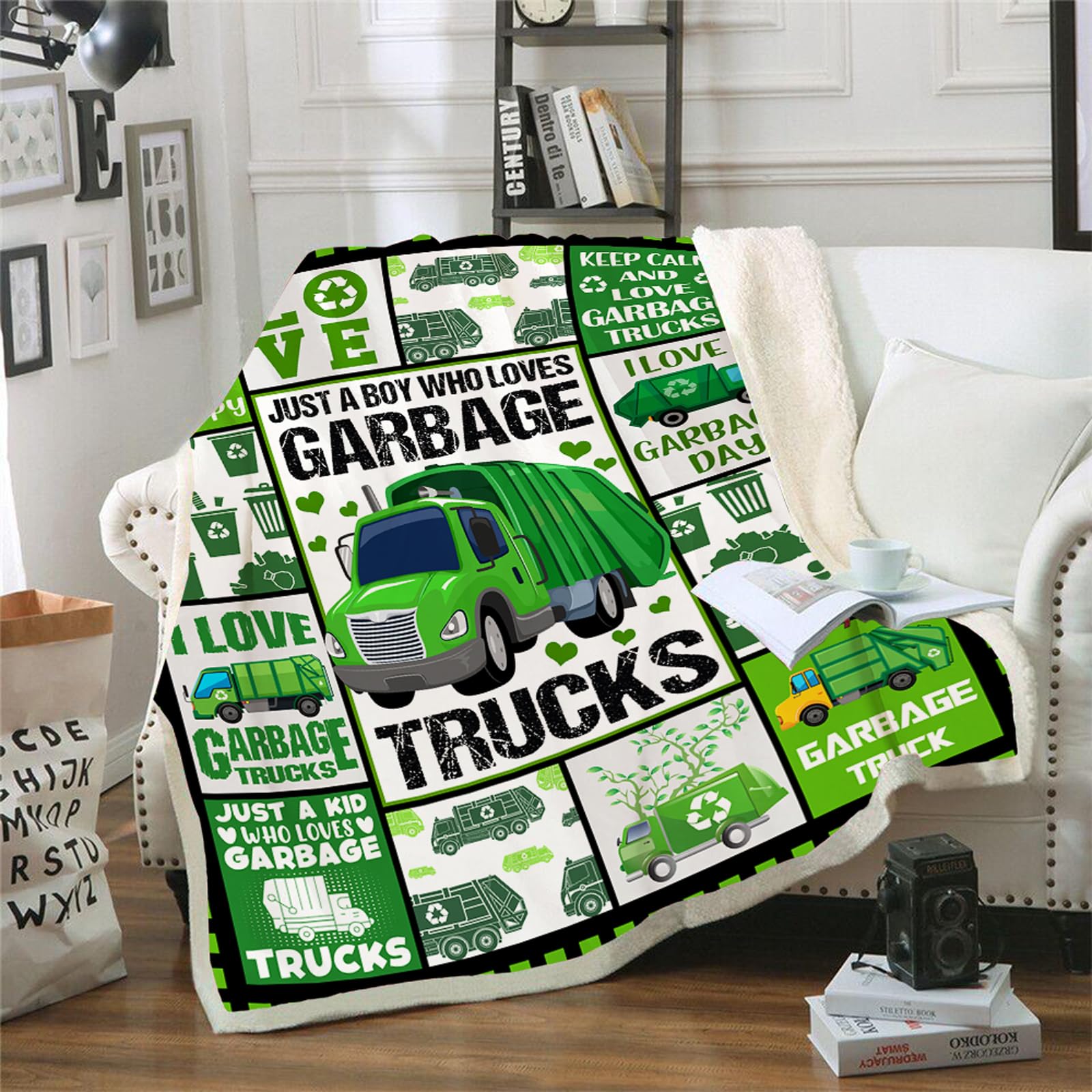 Just A Boy Who Loves Garbage Trucks Blanket, I Love Garbage Trucks Gifts Blanket for Boys Kids, Soft Cozy Warm Lightweight Throw Blanket for Living Room Couch Bed Sofa 60āx50ā