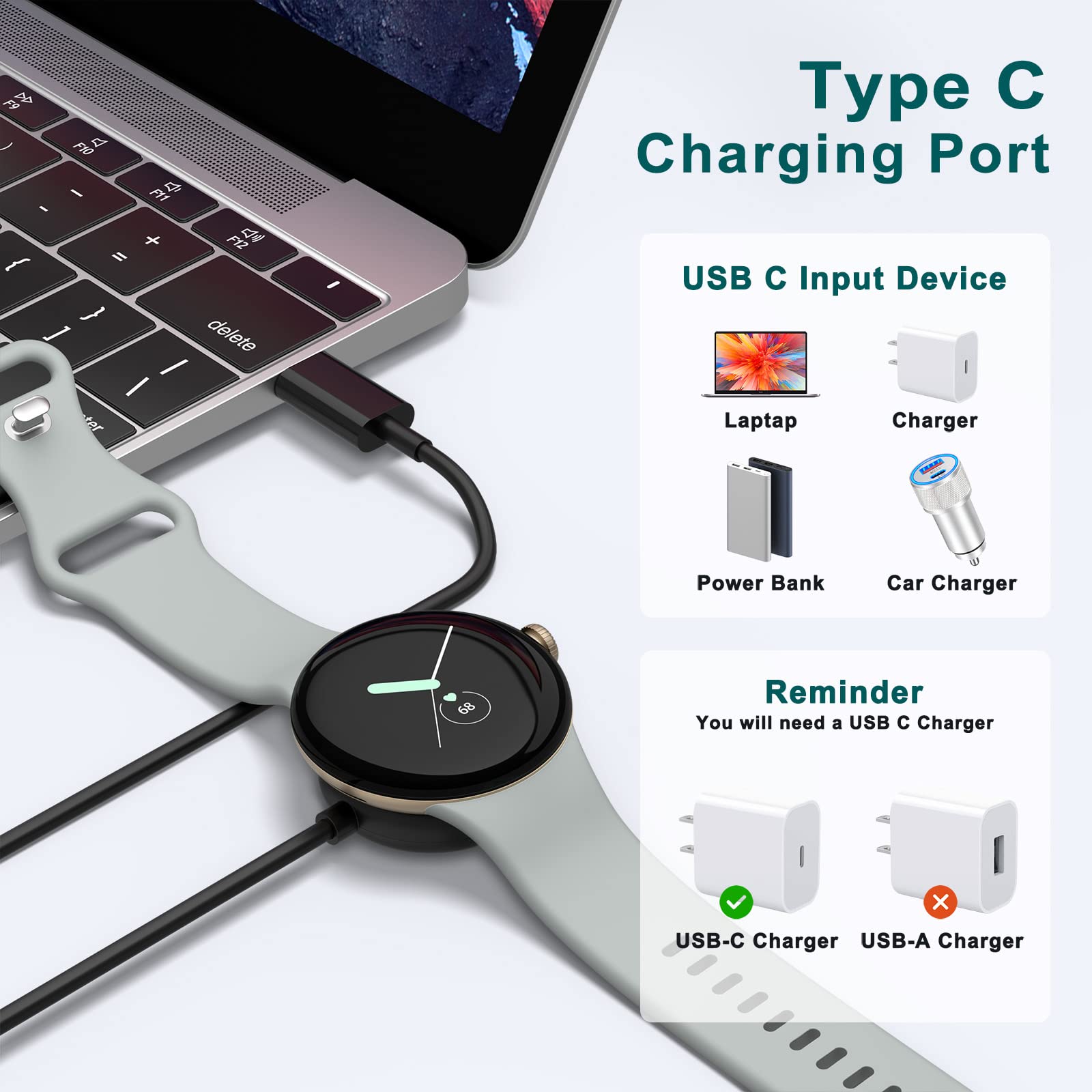Charger Cable for Google Pixel Watch Charger (Not for Watch 2), Replacement USB Charging Cradle Dock Stand Cable for Google Pixel Watch (3.3 ft)