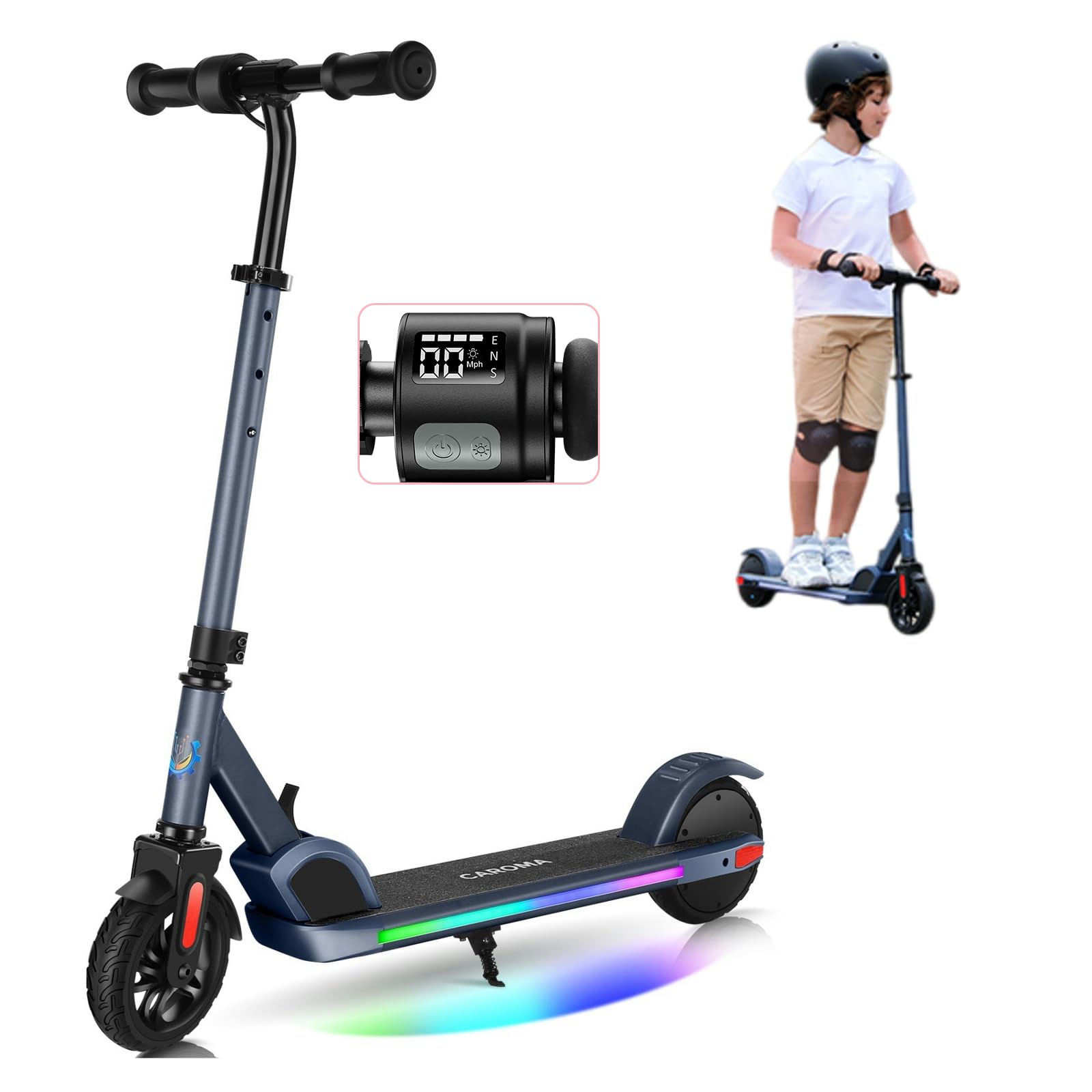 Caroma Electric Scooter for Kids Ages 8-12, Max 7 Miles Range and 10 Mph Max Speed, Colorful Rainbow Light, UL2272 Certification, Lightweight Electric Kick Scooter for Kids Boy Girl (Blue)