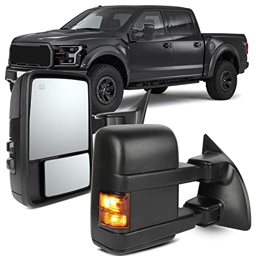 OCPTY A Pair of Towing Mirrors Replacement Fit For 1999-2007 for Ford for F250/for F350/for F450/for F550 Super Duty Pickup Tow Mirrors Power Adjusted Heated Turn Signal Light Black Housing