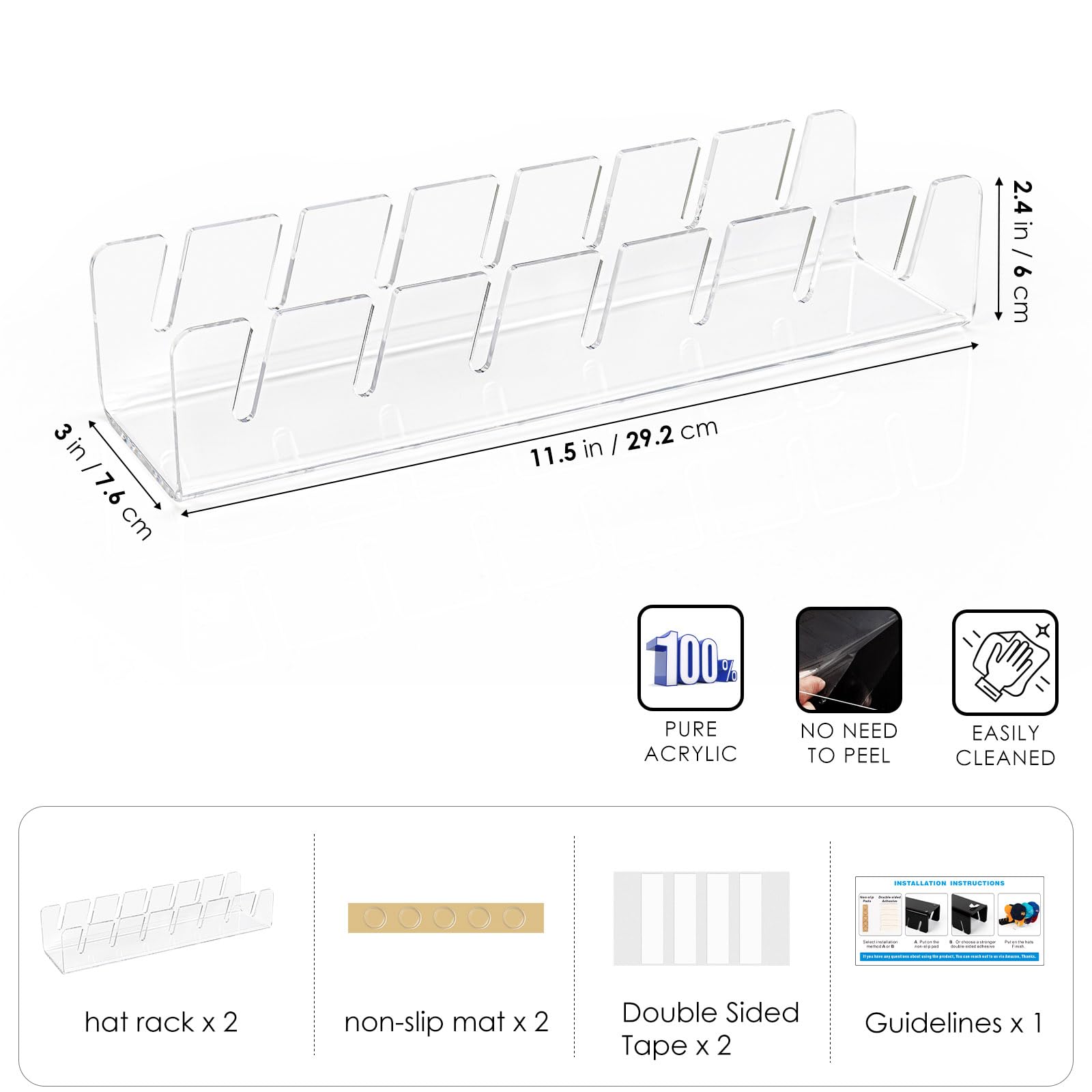 Hapring Hat Stand for Baseball Caps, 2 Pack Holds 14 Baseball Caps, No Installation Acrylic Hat Organizer for Closet, Bedroom, Dresser (Clear)
