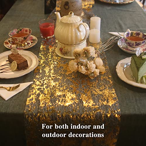 Ohanniewa Gold Table Runner 11 inch x 32 Feet Glitter Metallic Gold Foil Mesh Table Runner Roll Table Decorations for Wedding, Birthday, Banquet, Christmas