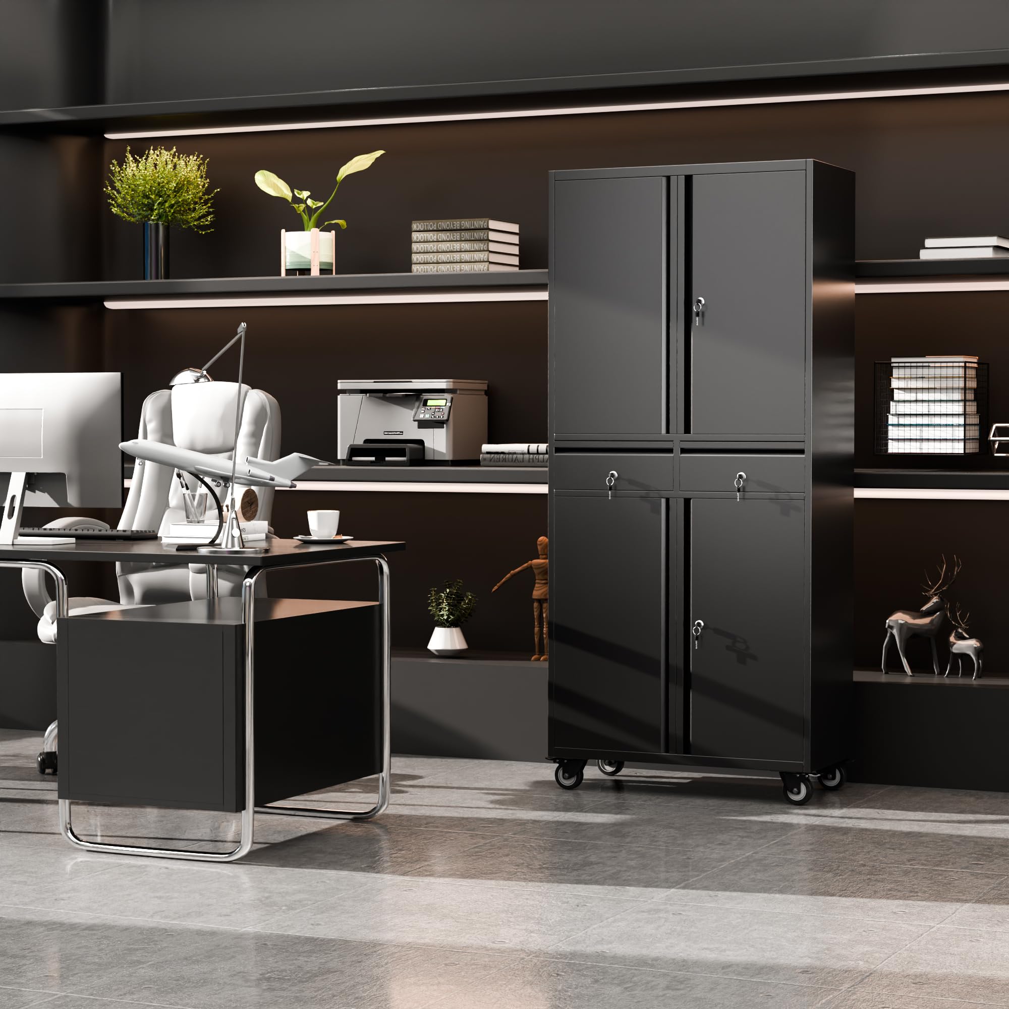 GLADIW Garage Storage Cabinet with Wheels, Metal Garage Storage Cabinet with 2 Drawers and 2 Adjustable Shelves for Homes, Offices, Kitchens, Schools and Pantries