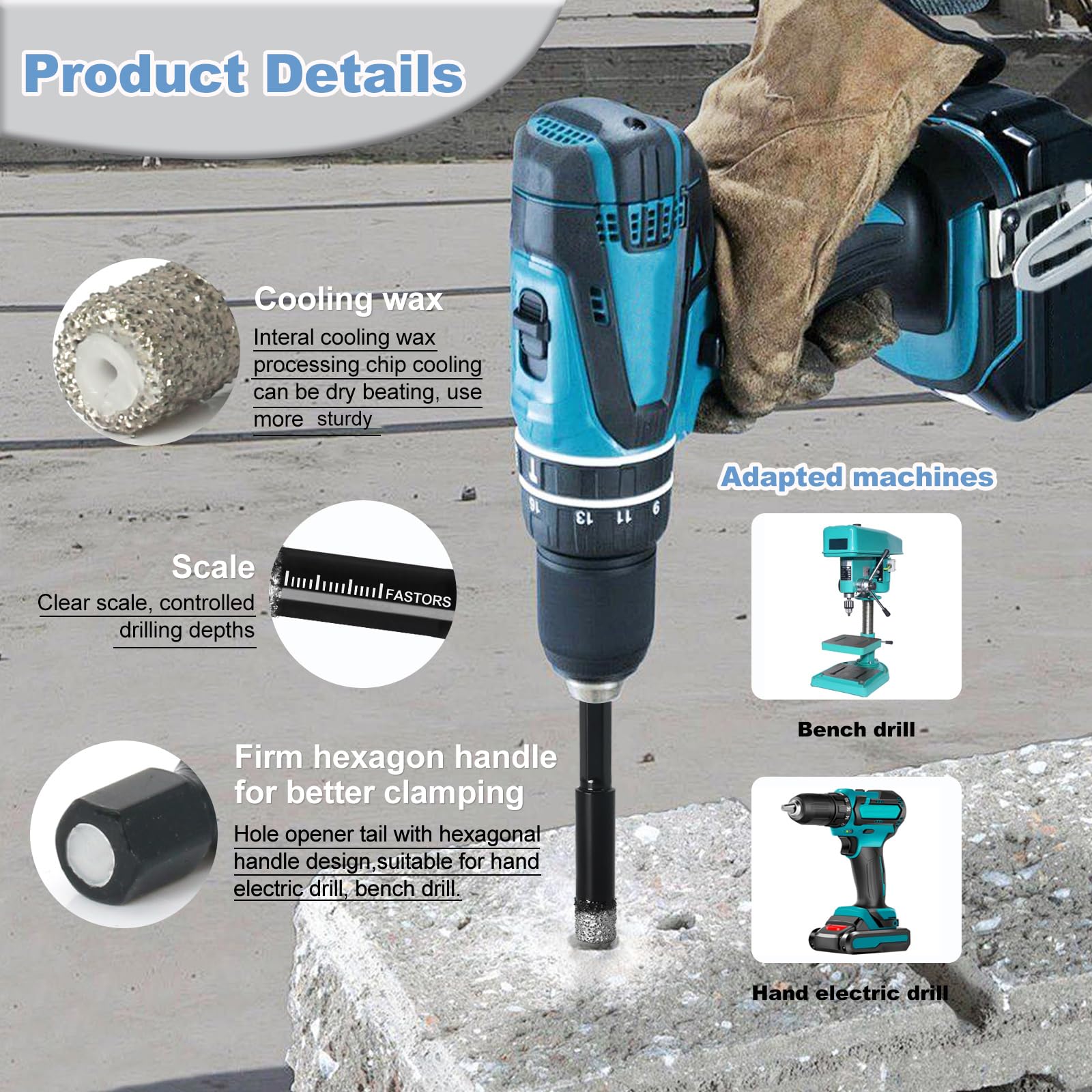 FASTORS Dry Diamond Drill Bit Set,10-Pack Diamond Core Drill Bits for Tile Ceramic Marble Granite Glass Brick Stone,1/4 Hex Shank Size 6,8,10,12 mm