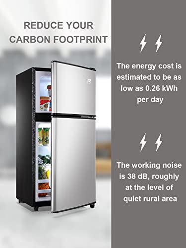 KRIB BLING 3.5 Cu.Ft Mini Fridge,Small Refrigerator 7 Level Adjustable Thermostat Removable Shelves with Stainless Steel 2 door for Office Dorm Apartment Silver