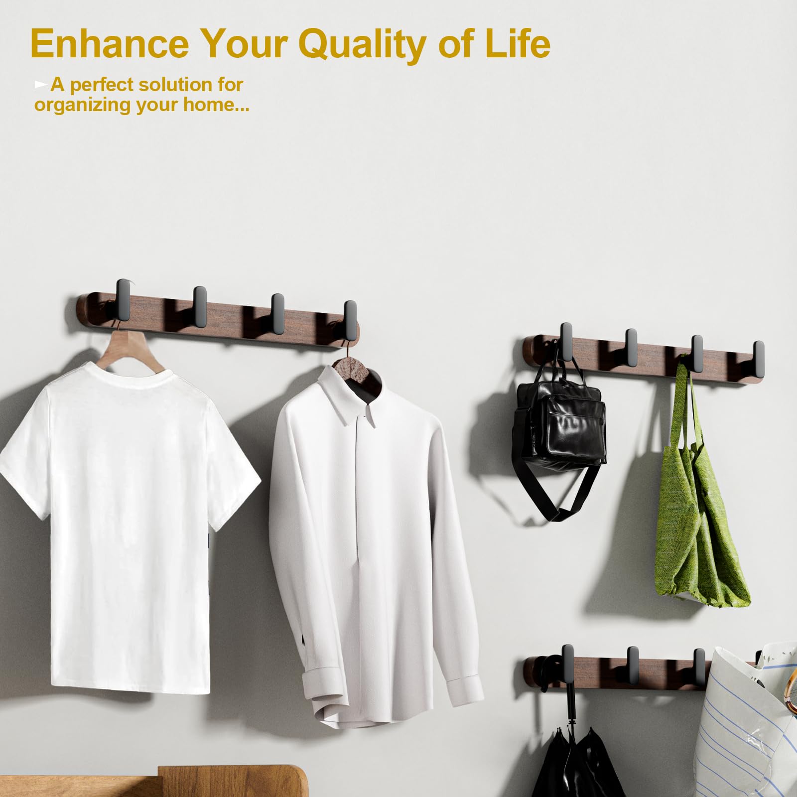 FATASTY Coat Rack Wall Mount,Solid Walnut Wall Mounted Coat Rack with 4 Heavy Duty Wall Hooks for Hanging Coats,Backpacks,Towels,etc. Coat Hooks Wall Mount for Entryway, Bathroom,etc