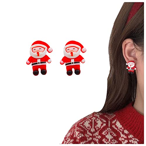 Charistmas Earring Set for Women, 5 Pairs Cute Resin Christmas Stud Earrings,Christmas Trees, Bells,Santa Claus,Snowman,elk Earrings (Red)
