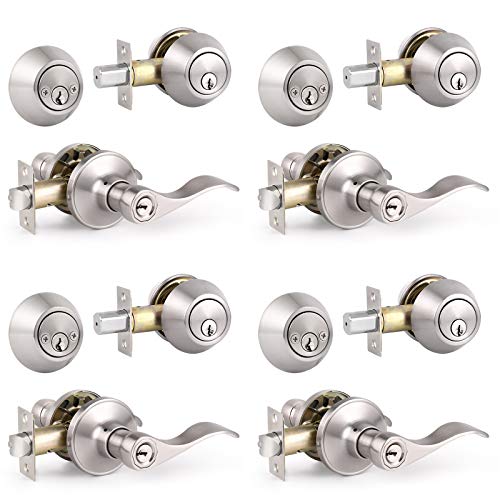 Knobonly 4 Pack Front Door Entry Lever Lockset and Double Cylinder Deadbolt Combination Set, Satin Nickel- All Keyed Alike(Same Keys)