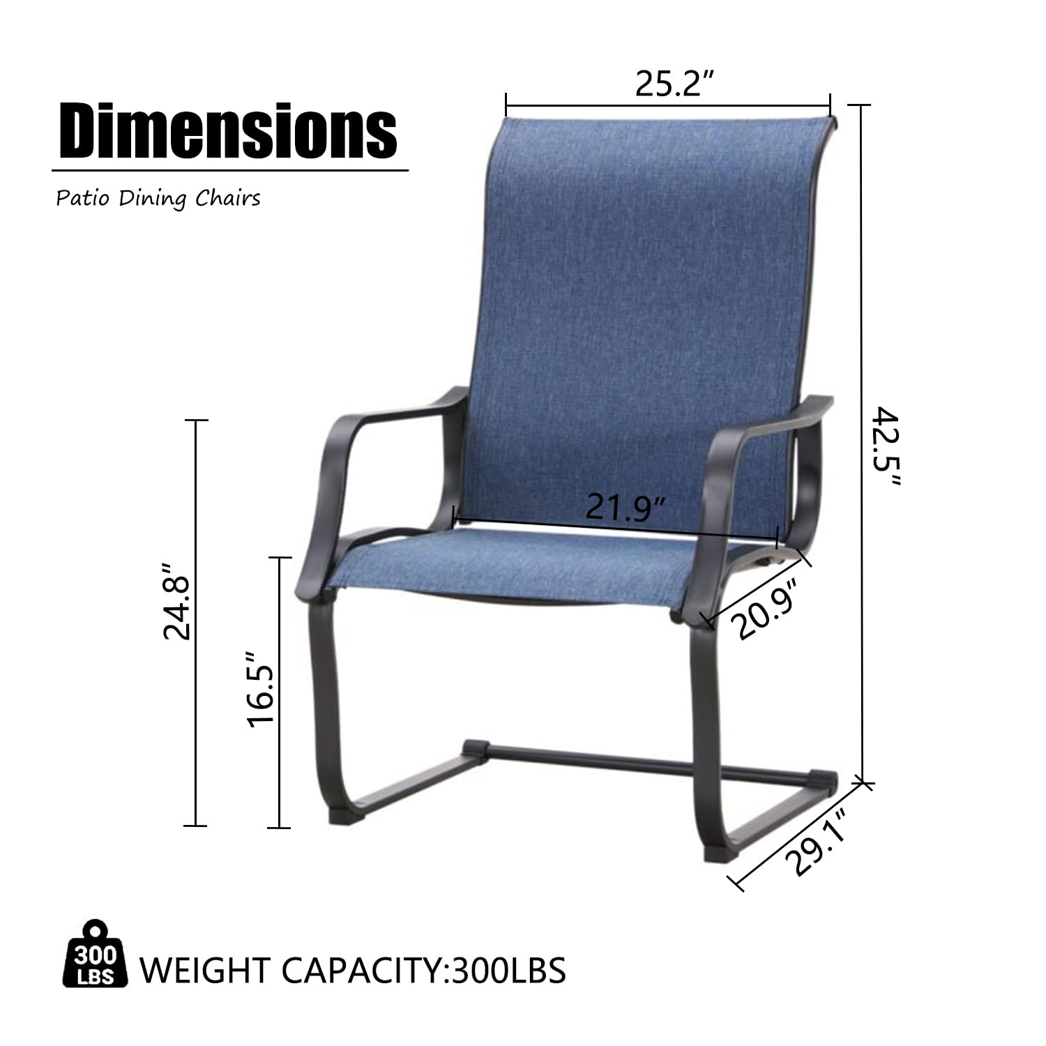 PatioFestival Outdoor C-Spring Dining Chairs Set of 4, Patio Sling High Back Springy Chairs,Textilene Fabric & Black Metal Frame(Blue)