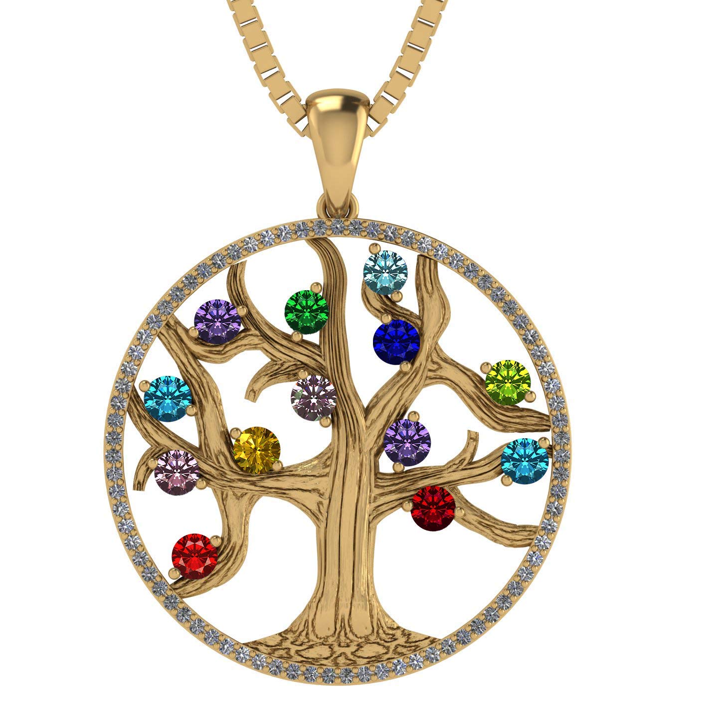 Central Diamond Center Tree of Life Mothers Necklace with 1-13 Birthstones, 1mm Box Chain - Yellow Gold Plated Silver CZ BEZEL