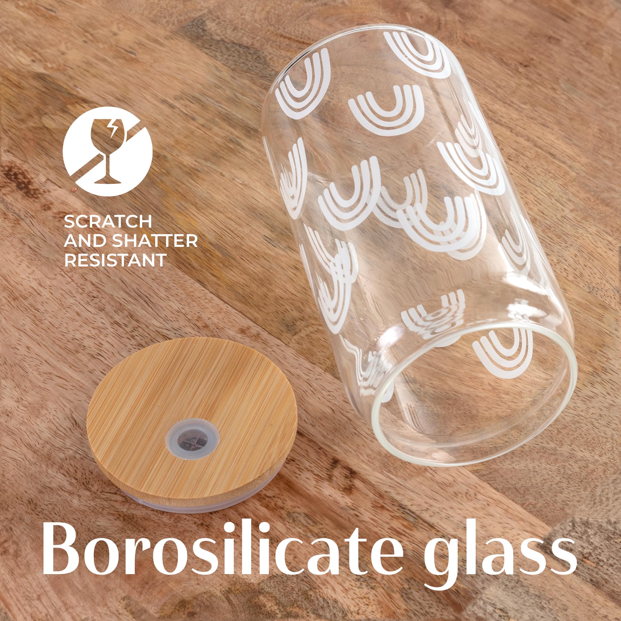 Drinking Glasses with Bamboo Lids - 16oz Glass Cups with Airtight Lid and Wide Silicone Straws - Set of Four - Can Shape Glassware with Fun Designs