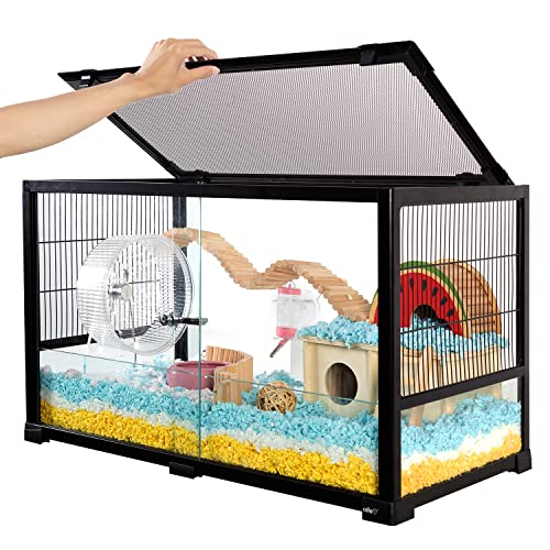 OIIBO Large Glass Hamster Cage, 40 Gallon Deluxe Big Hamster Cage 32" L x 16" W x 18" H Chew-Proof Small Animals Habitat with Front Sliding Door, Full View Hamster Cage