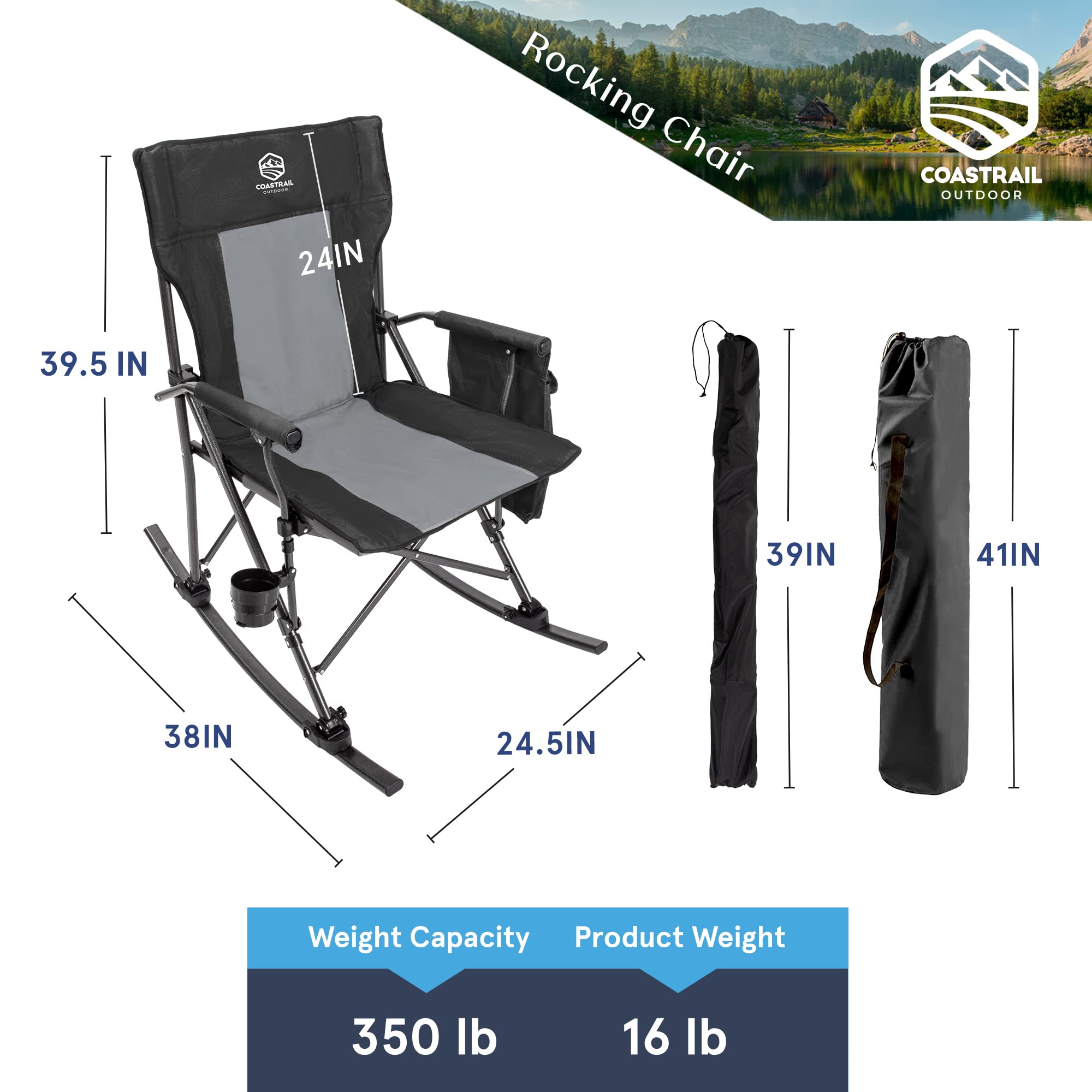 Coastrail Outdoor Folding Rocking Camping Chair High Back Padded Lawn Chair with Foldable Cup Holder, Side Storage, Back Pocket for Camping Hiking Heavy Duty 350lbs Weight Capacity, Black, Large