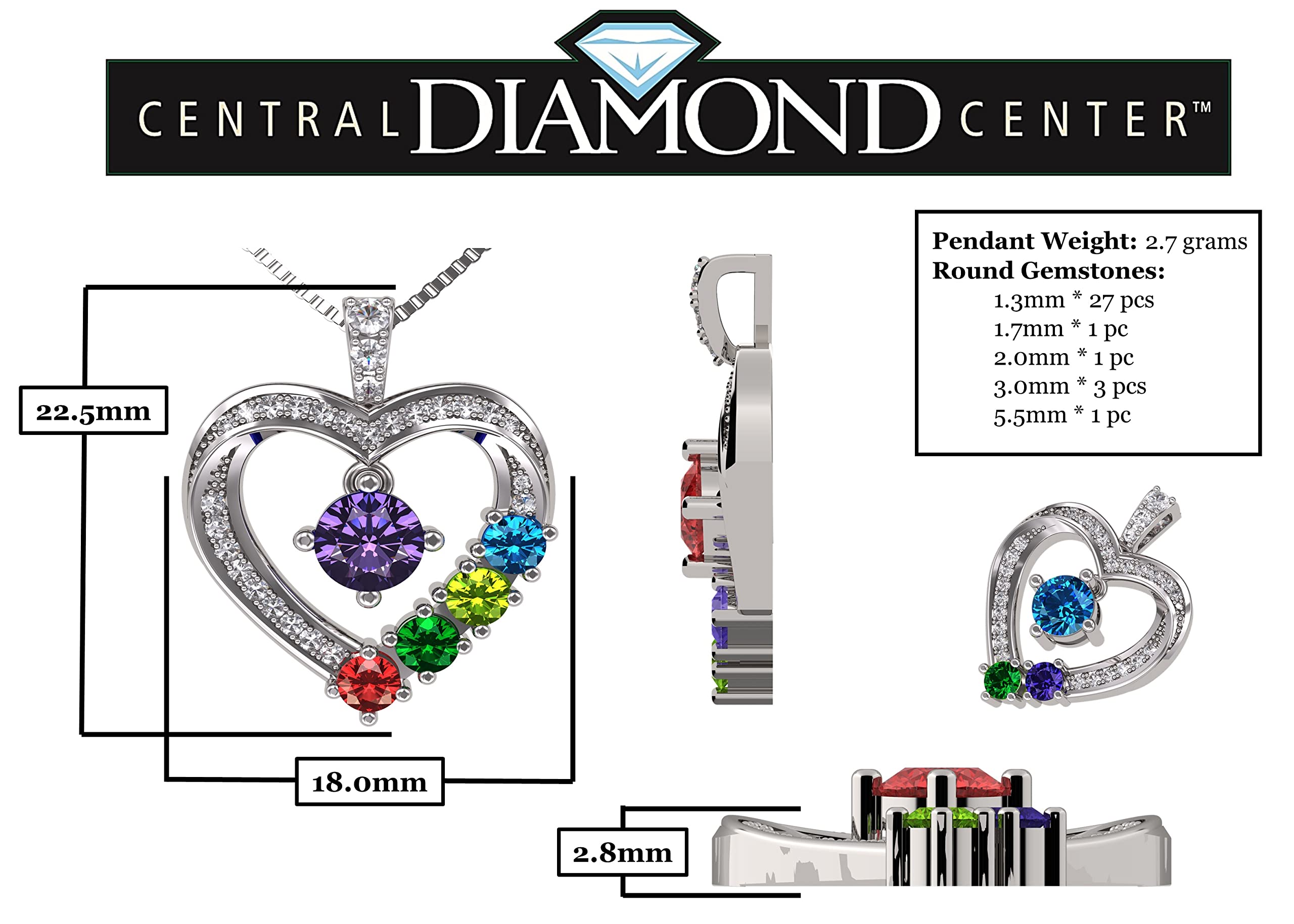 Central Diamond Center Mother & Child Heart Birthstone Necklace 1-6 Stones w/ 22" Adj. Box Chain -Silver Platinum Plated