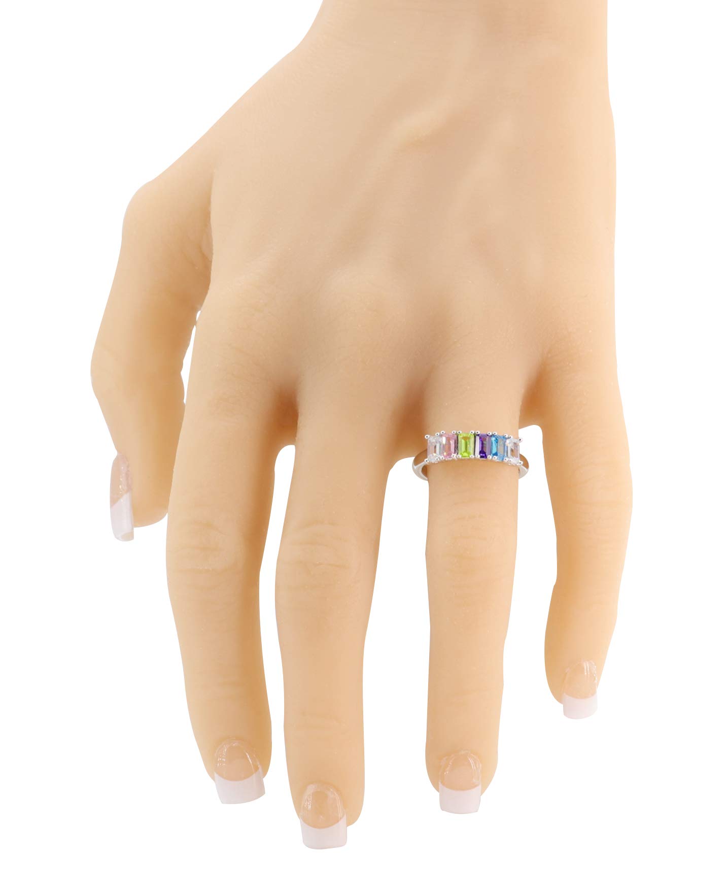 Central Diamond Center Emerald Cut Lucita Mothers Birthstone Ring w/ 1 to 7 Simulated Birthstones - Sterling Silver-Size 11
