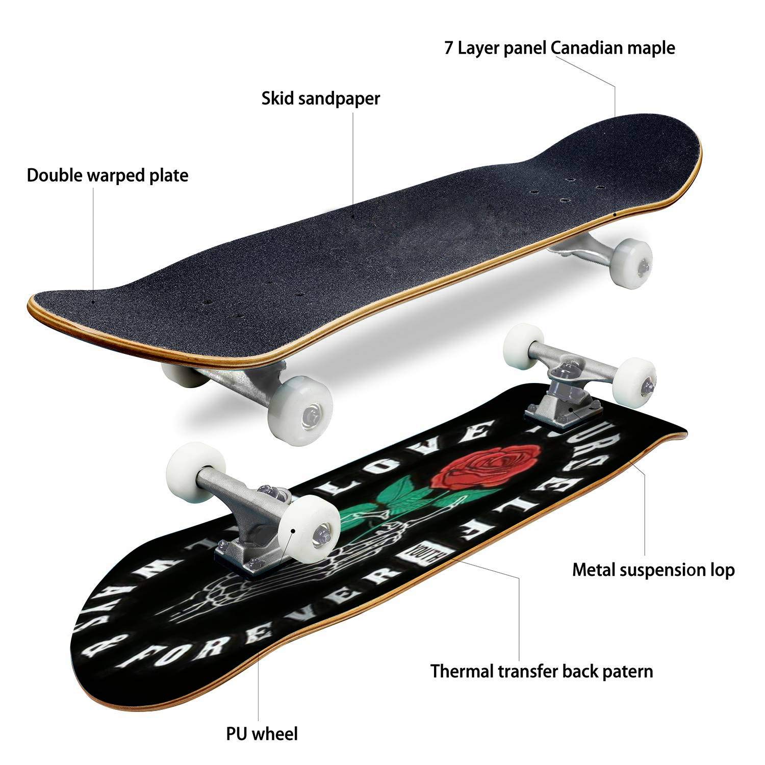 Classic Concave Skateboard Skeleton Hand Holding a red Rose Vector Illustration for t Shirt and Longboard Maple Deck Extreme Sports and Outdoors Double Kick Trick for Beginners and Professionals