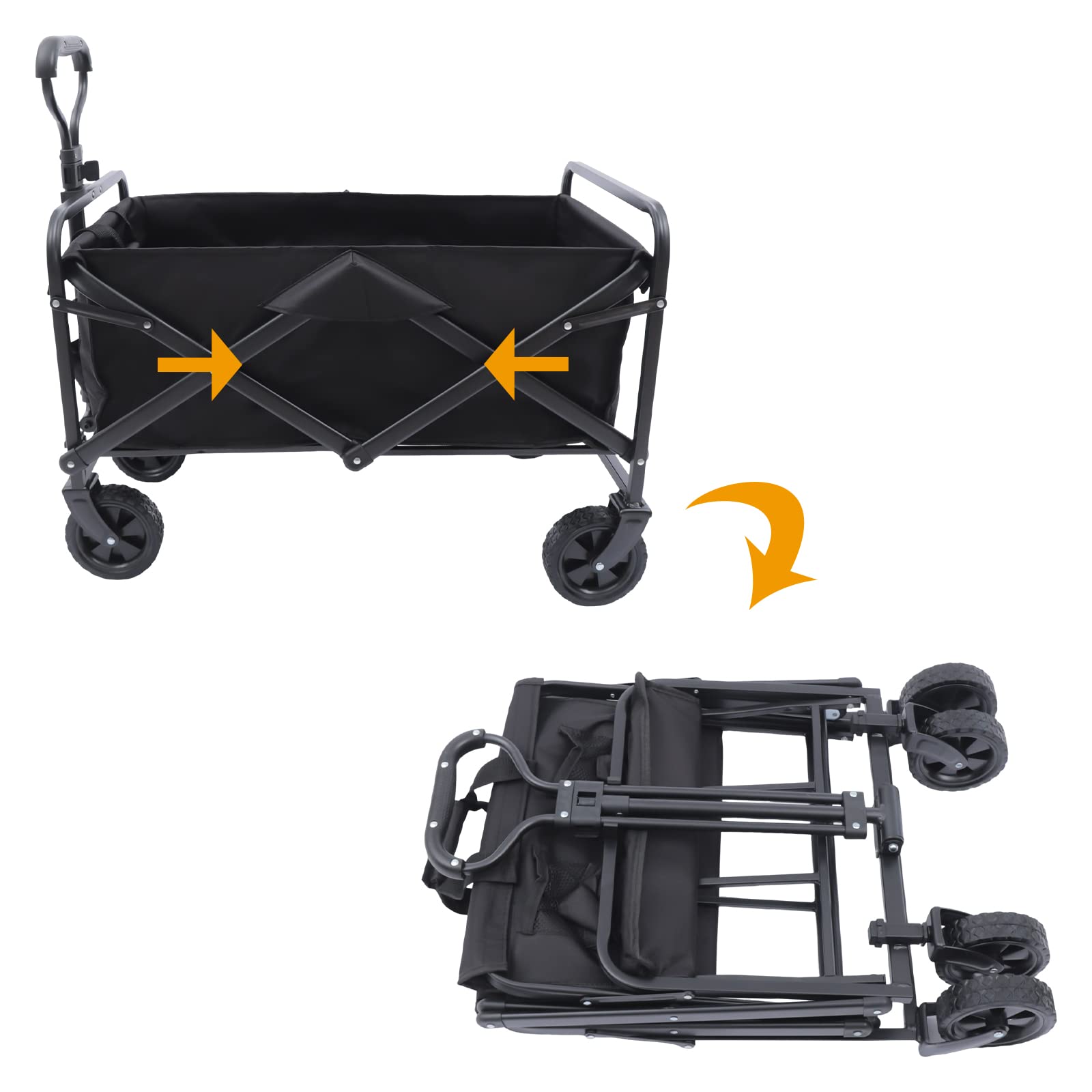 Collapsible Folding Wagon Cart - Heavy Duty Utility with 5 Inch All Terrain Wheels, Adjustable Handle, and 2 Cup Holders - Ideal for Beach, Garden, Shopping, and Camping - Black