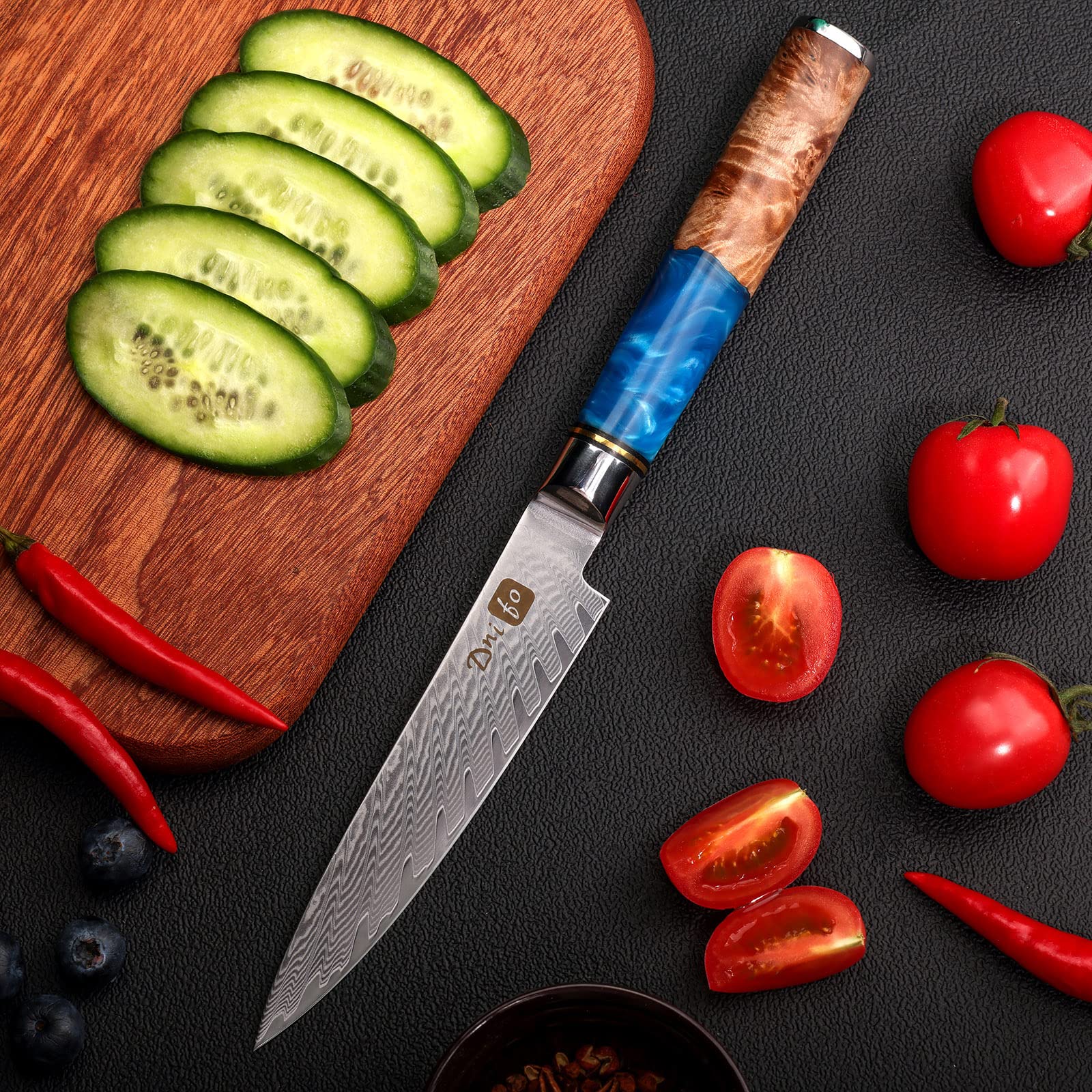 Dnifo Kitchen Utility Knife 5 Inch, Damascus Steel Kitchen Knives -Super Sharp Ultimate All-Purpose Knife for Slicing, Mincing, Chopping - Non-stick Blade and Anti-rusting Forged