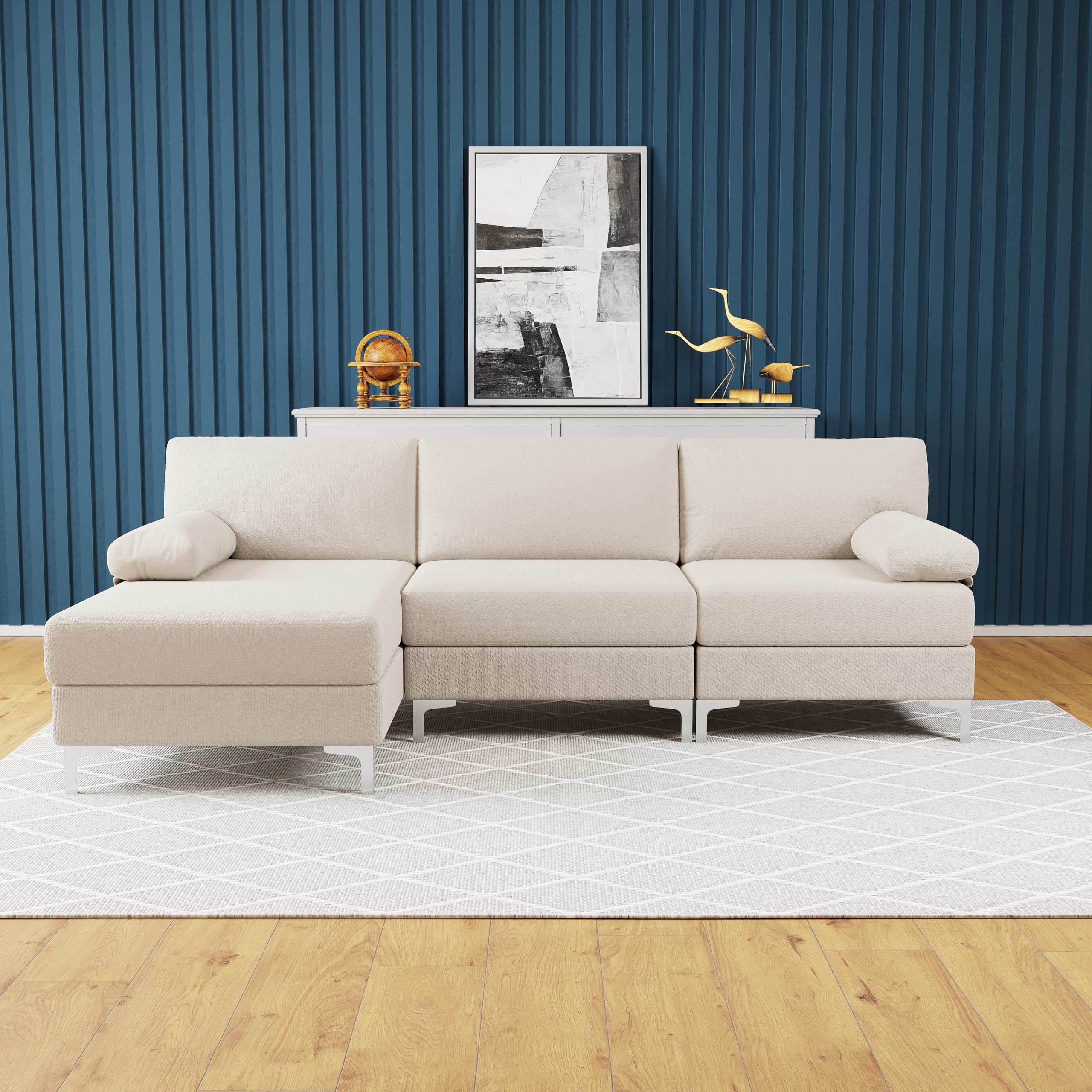 Casa Andrea Milano BOUCLÉ L-Shape Sectional Sofa, Luxury Couch with Extra Wide Chaise Lounge, Couch for Living Room Apartment Lounge, Cream Boucle