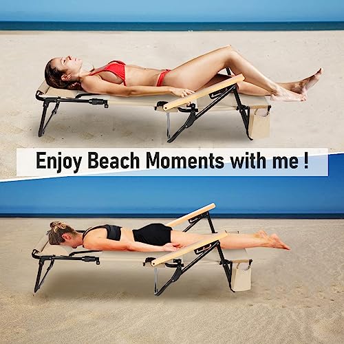 REALEAD Reclining Beach Chairs for Adults - Extendable High Back Low Profile Beach Chair with Headrest, Cooler Pouch, Cup Holder, 4-Position Lay Flat Folding Beach Chairs Heavy Duty Support 330LBS