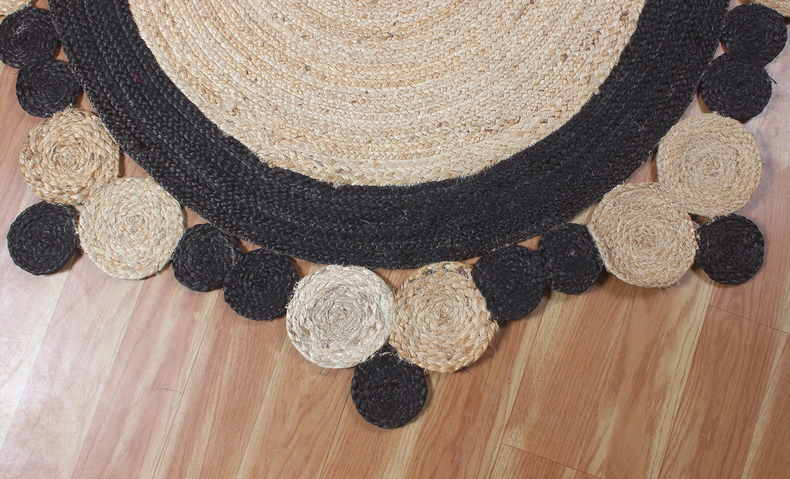 CASAVANI Collection Circle Area Rug - 10 Ft' Round Black Natural Jute Mat Geometric Kilim Rug Indoor Outdoor Use Mat Flatweave Rugs for Bedroom Bedside Round Dining Table Mat Hall & Kitchen