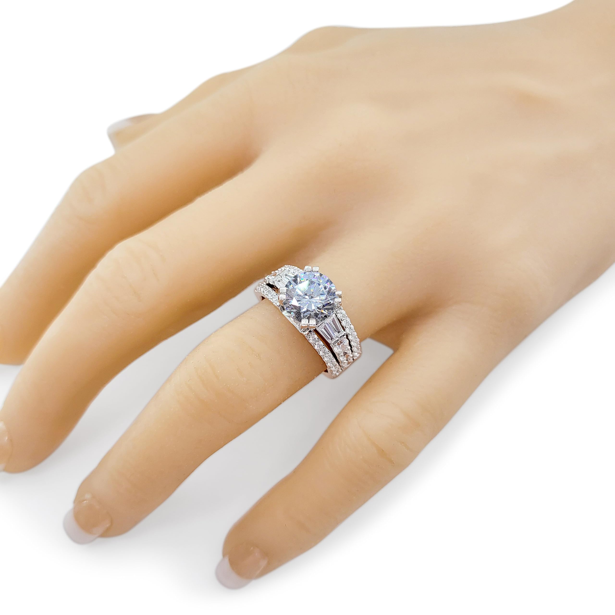Central Diamond Center Sterling Silver Round & Baguette Engagement Ring with a 9.00mm - 3.00ct Round Center Stone - Size 5