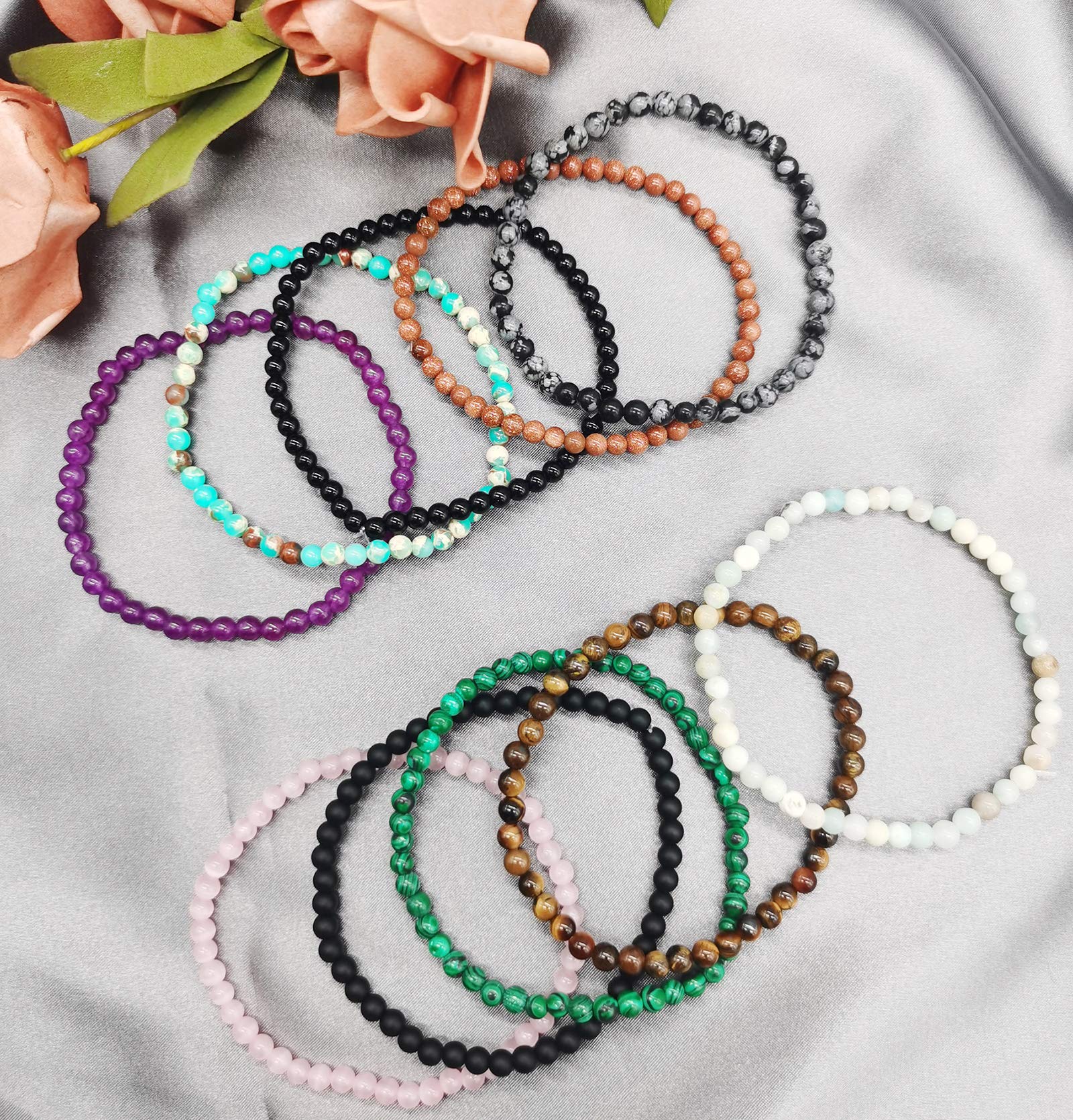 CASDAN 10 Pcs 4MM Mini Semi Precious Gemstone Energy Bracelets for Women Tiny Bracelet Stone Statement Bracelet Charm Beaded Couples Bracelets