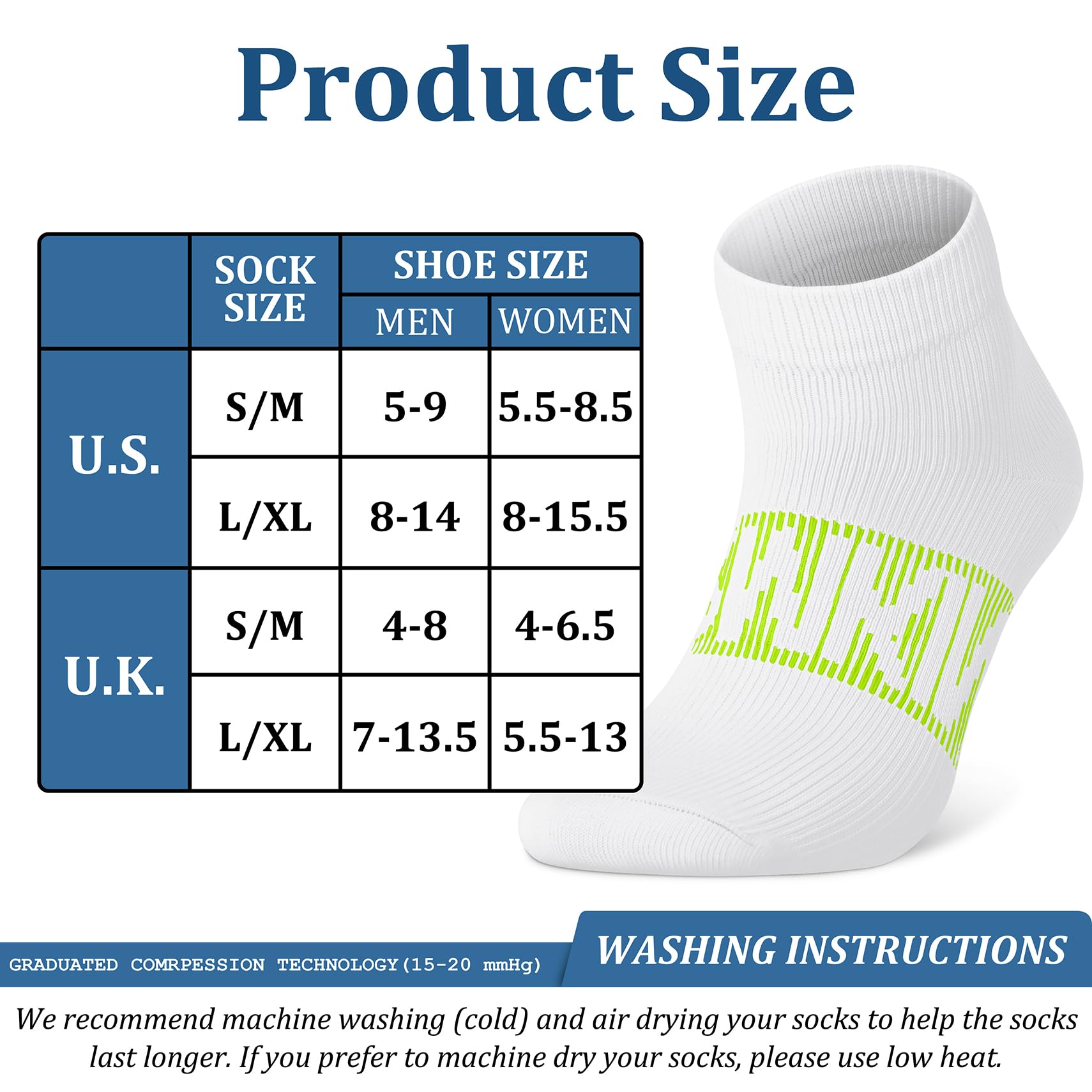 CHARMKING Compression Socks for Women & Men Circulation 6 Pairs 15-20 mmHg Ankle Socks is Best for Athletic(S/M,White/Green)