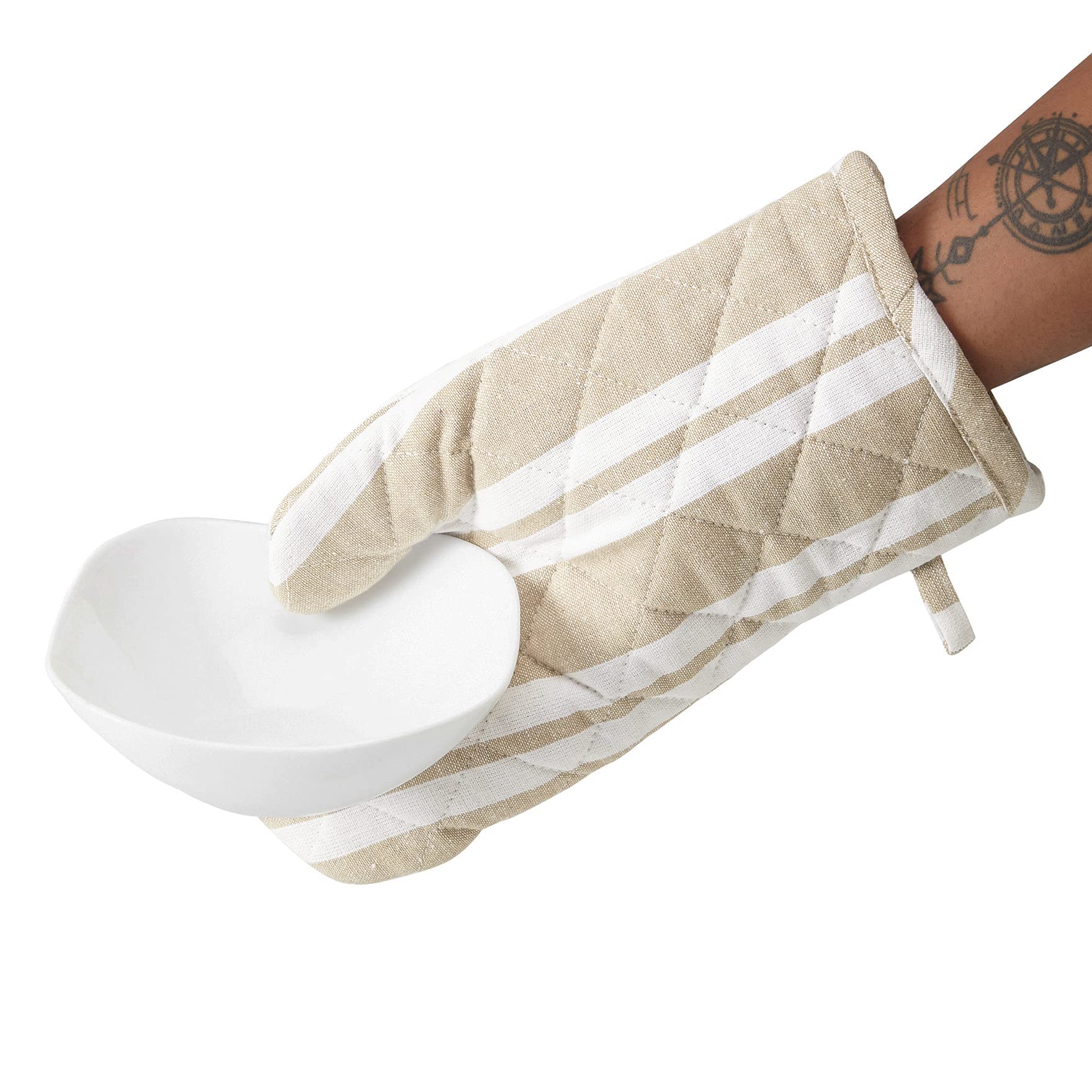 Encasa Homes Long 14 inch Oven Microwave Hand Gloves Mitts (2 pc Set) for Kitchen Cooking & Baking - Heat Resistant, Thick & Safe, Protection of Hands from Hot Utensils - Franca Beige Stripes