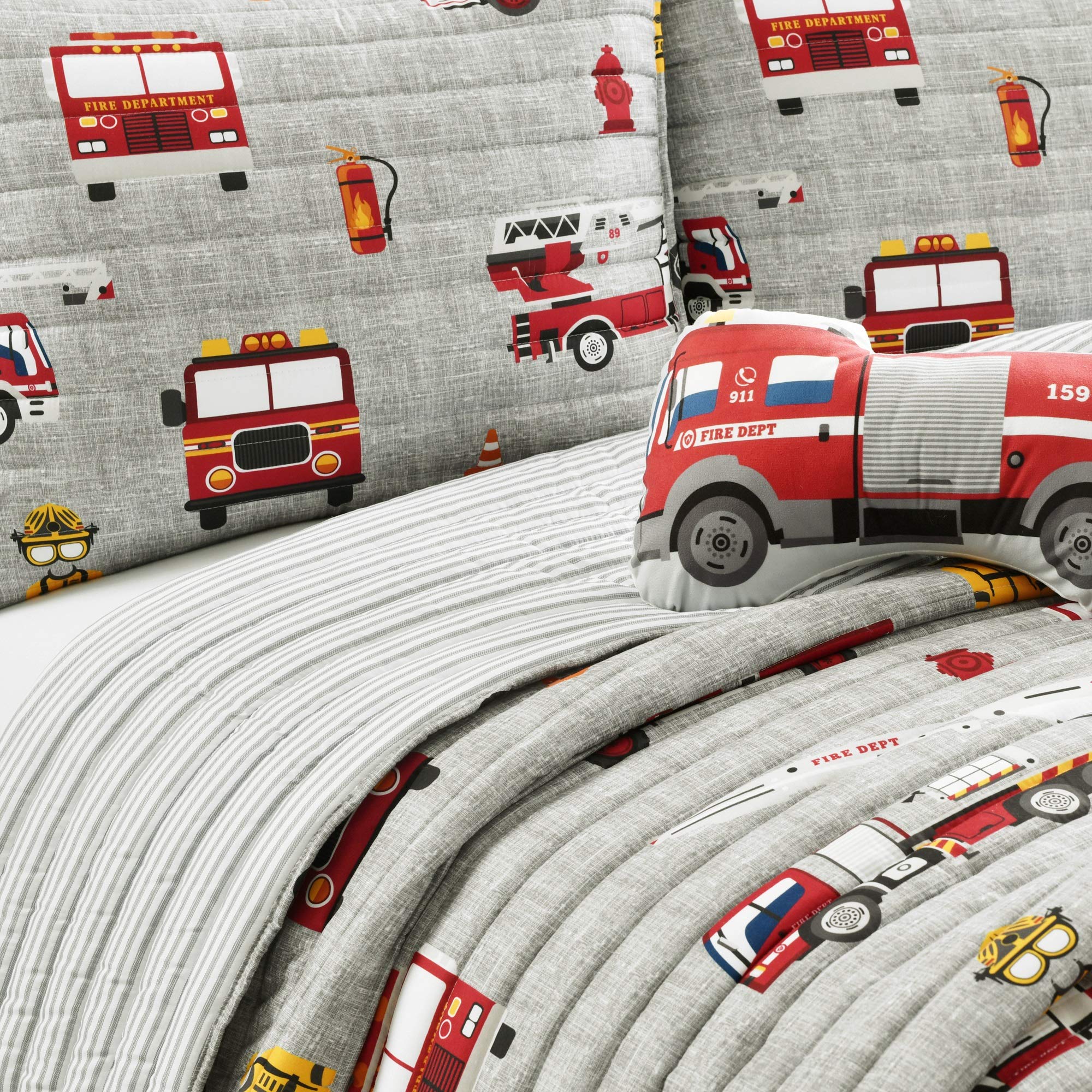 Lush Decor Fire Truck Quilt 4 Piece Set, Full/ Queen, Red & Gray - Reversible Stripe Print Bedding Set for Kids Room
