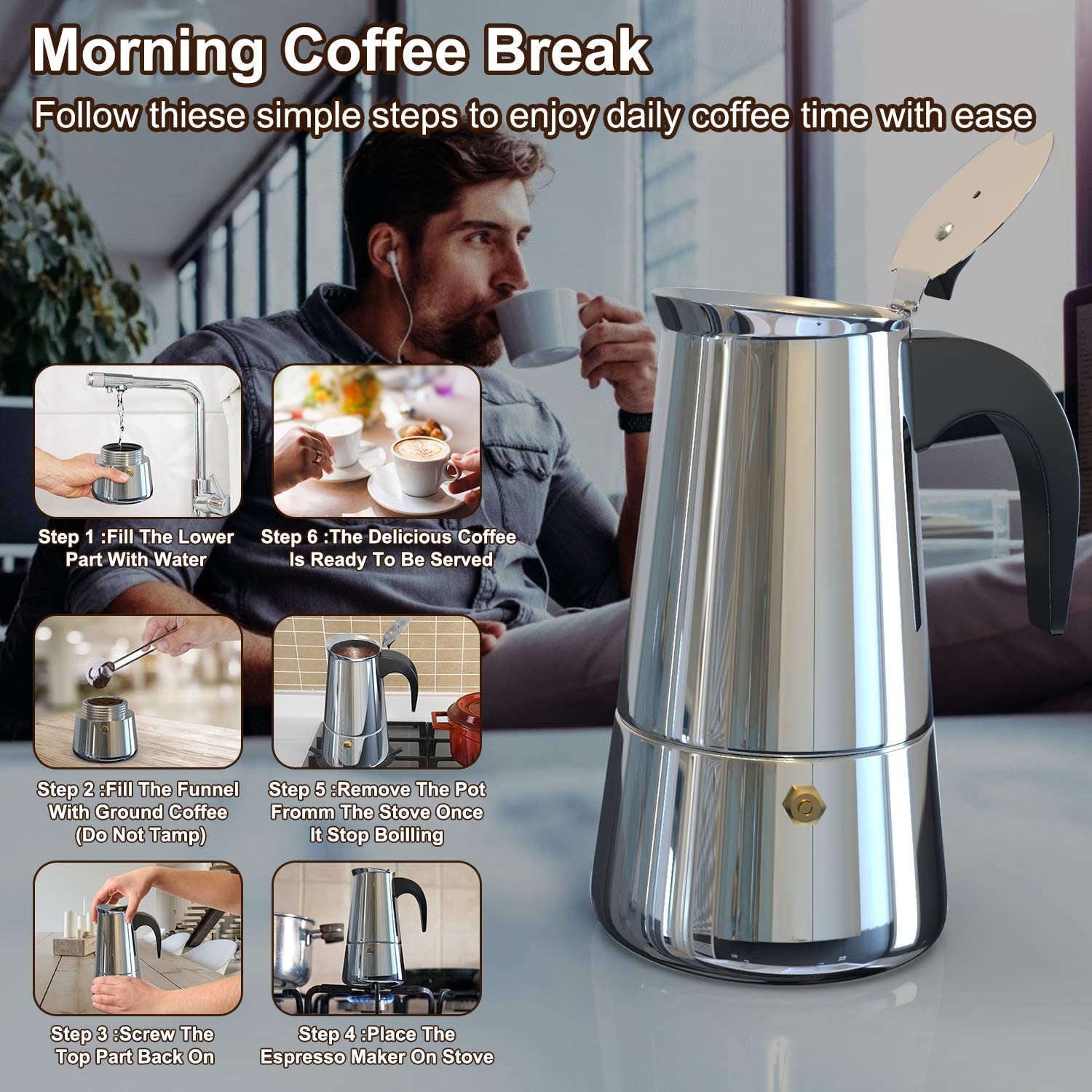 Deeoutlife Stovetop Espresso Maker Moka Pot - Percolator Italian Coffee Machine Maker, Stainless Steel Espresso Pot Full Bodied Coffee Stove Top Classic Cafe Maker,6 Cup/300ml