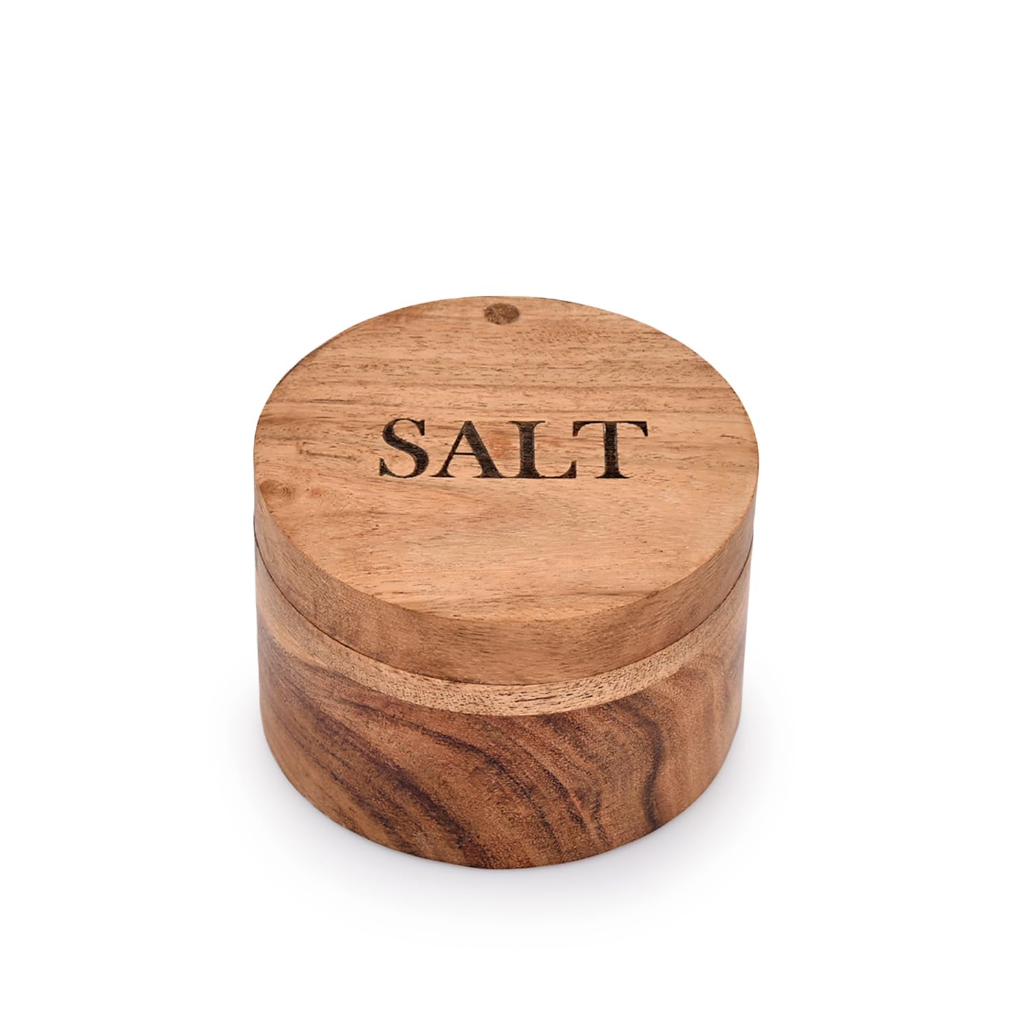 EDHAS Acacia Wood Round Condiment Pot with Magnetic Swivel Lids for Kitchen Countertop "Salt" Engraved on Lid (3.5” x 3.5” x 2.5”)