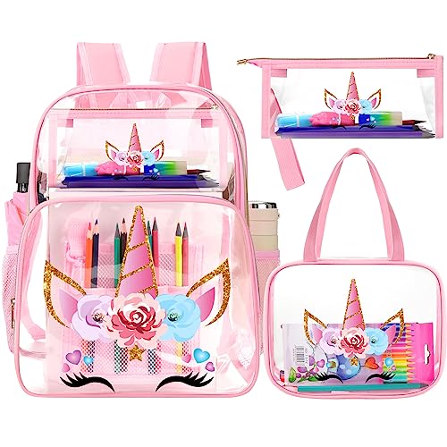 Kacctyen 3 Pcs Pink Clear Backpack Stadium Approved Backpack for Girls Clear School Backpack with Lunch Bag for Girls Boys(Unicorn Style)