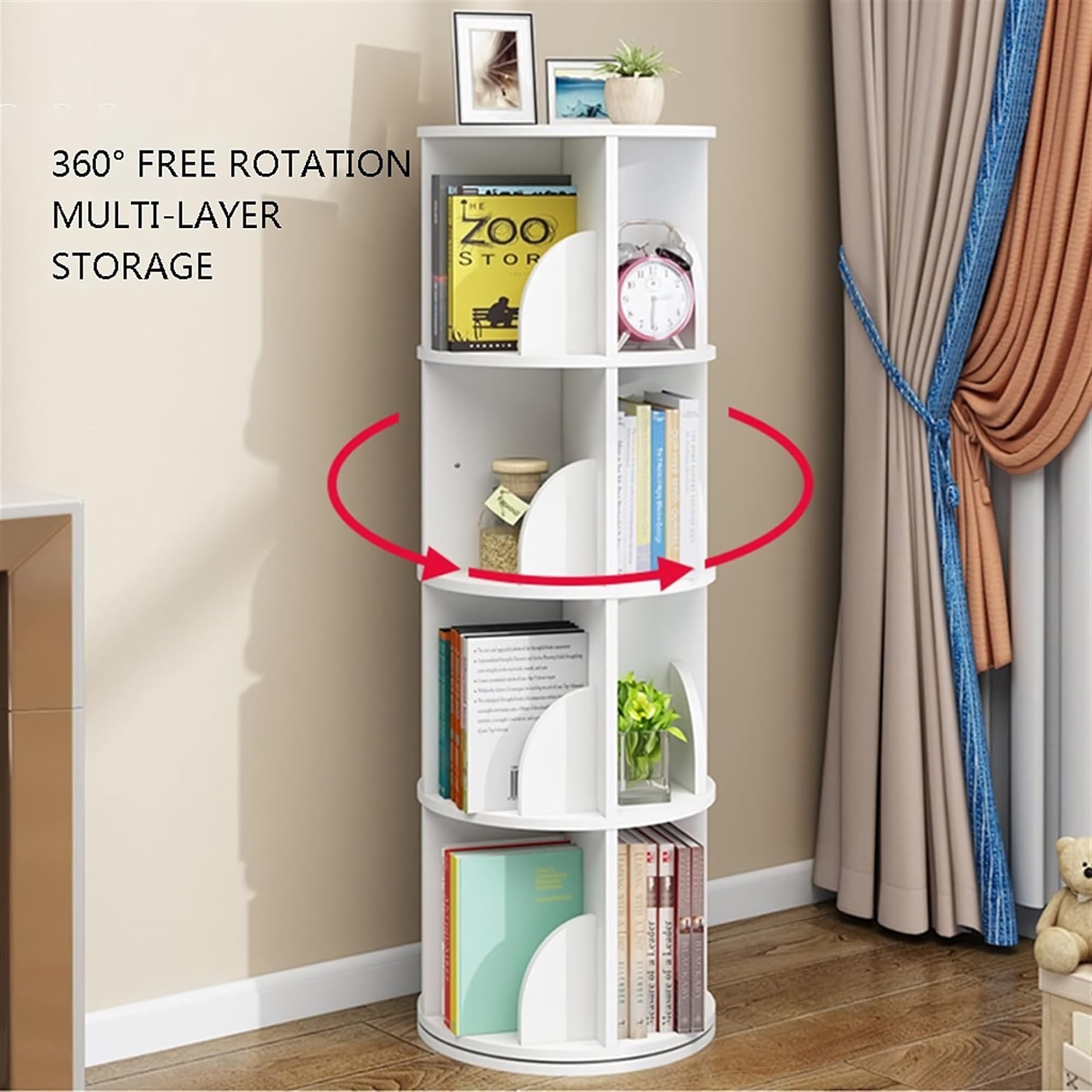 INTEXCA & DESIGN 6 Tier Rotating Bookshelf, 360° Wood Rotating Stackable Shelves Bookshelf Organizer for Home, Bedroom, Office (White)