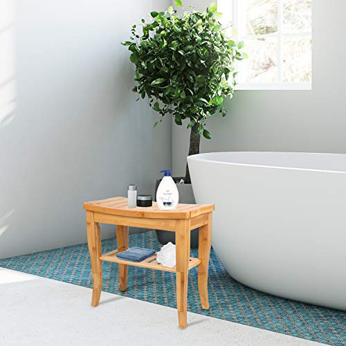 Hossejoy Bamboo Shower Bench Seat Wood Spa Bath Luxury Organizer Stool Shower Chair with Storage Shelf, Perfect for Indoor or Outdoor (19''x10.2''x17.7'')