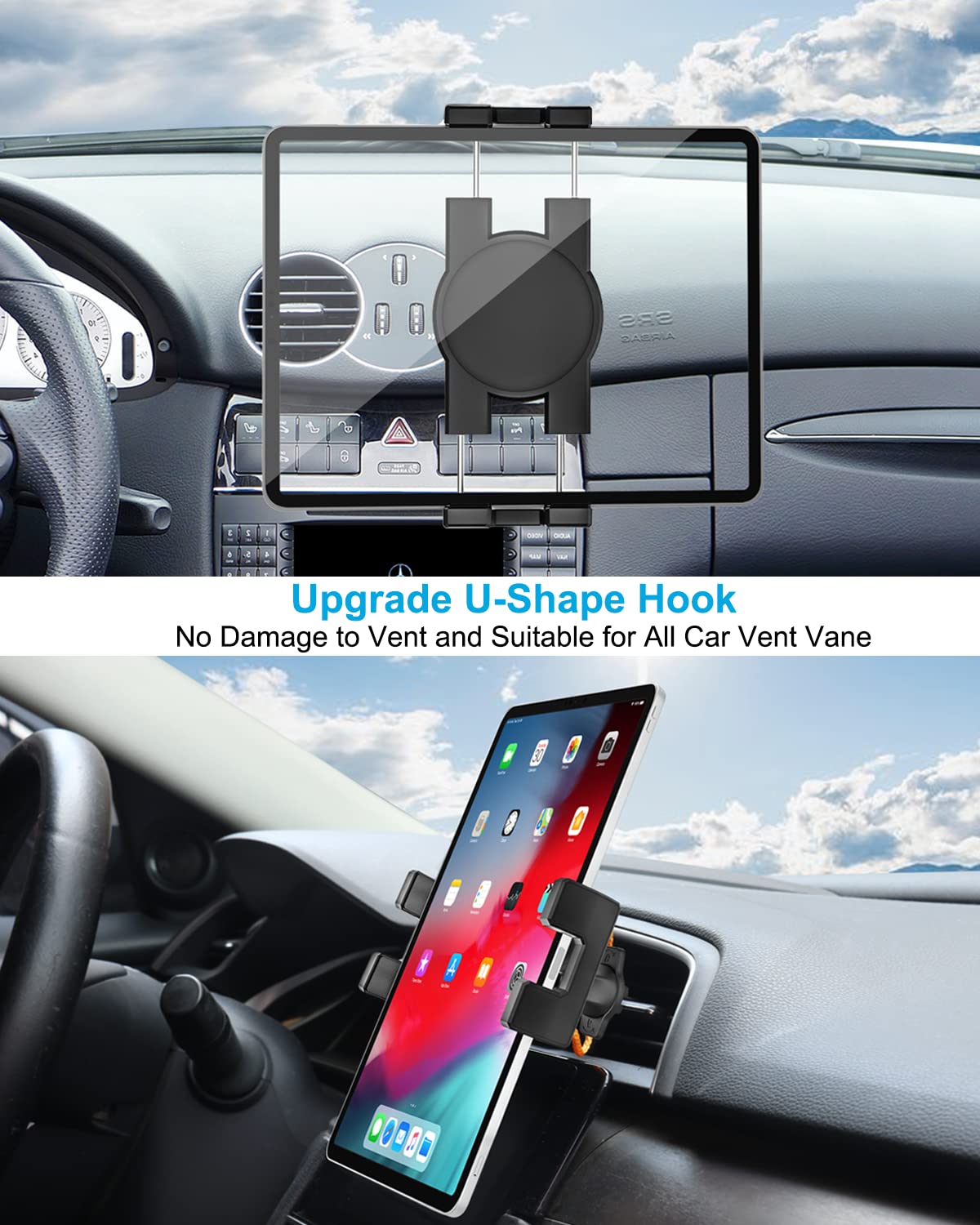 woleyi Car Vent Tablet Mount, Air Vent Clip Tablet Holder for Car with Adjustable Metal Hook Clamp, Compatible with iPad Pro/Air/Mini, Galaxy Tabs/Z Fold, iPhone, More 4.7-13" Cell Phones and Tablets