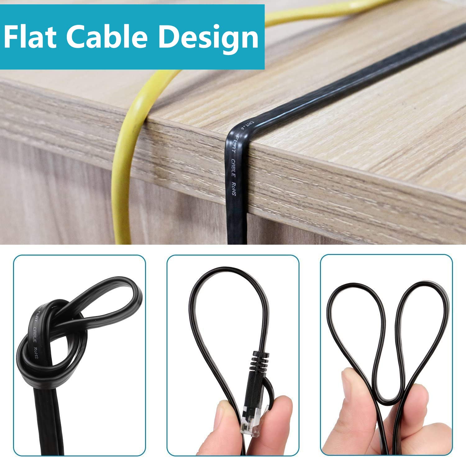 DEEGO Cat 6 Ethernet Cable 50 ft, Flat Wire LAN Rj45 High Speed Internet Network Cable Slim with Clips, Faster Than Cat5e,Cat5 with Snagless Connectors for PS4, Xbox, Switch Boxes, Modem Router,Black