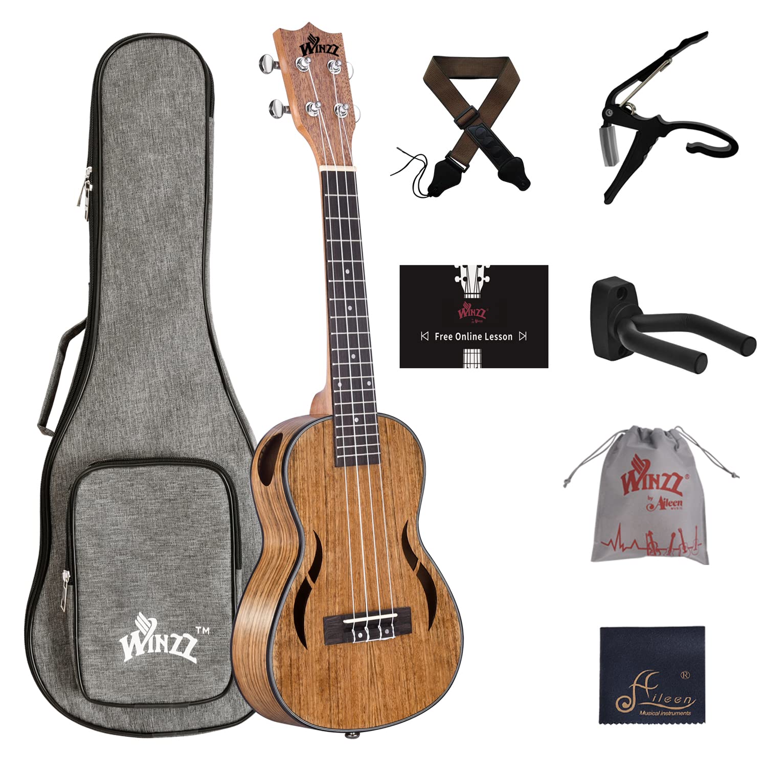 WINZZ AU88LAB Walnut Concert Ukulele Side Sound Hole Arched Back with Online Lessons, Gig Bag, Strap, Capo, Wall Hanger, 23 Inches