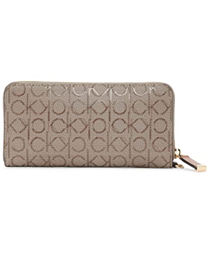 Calvin Klein Women's Key Item Saffiano Continental Zip Around Wallet with Wristlet Strap, Modern Taupe/Almond/Taupe Linear, One Size