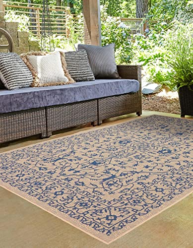 Unique Loom Outdoor Botanical Collection Area Rug - Allover (2' 2" x 3' 1" Rectangle, Beige and Blue/ Blue)