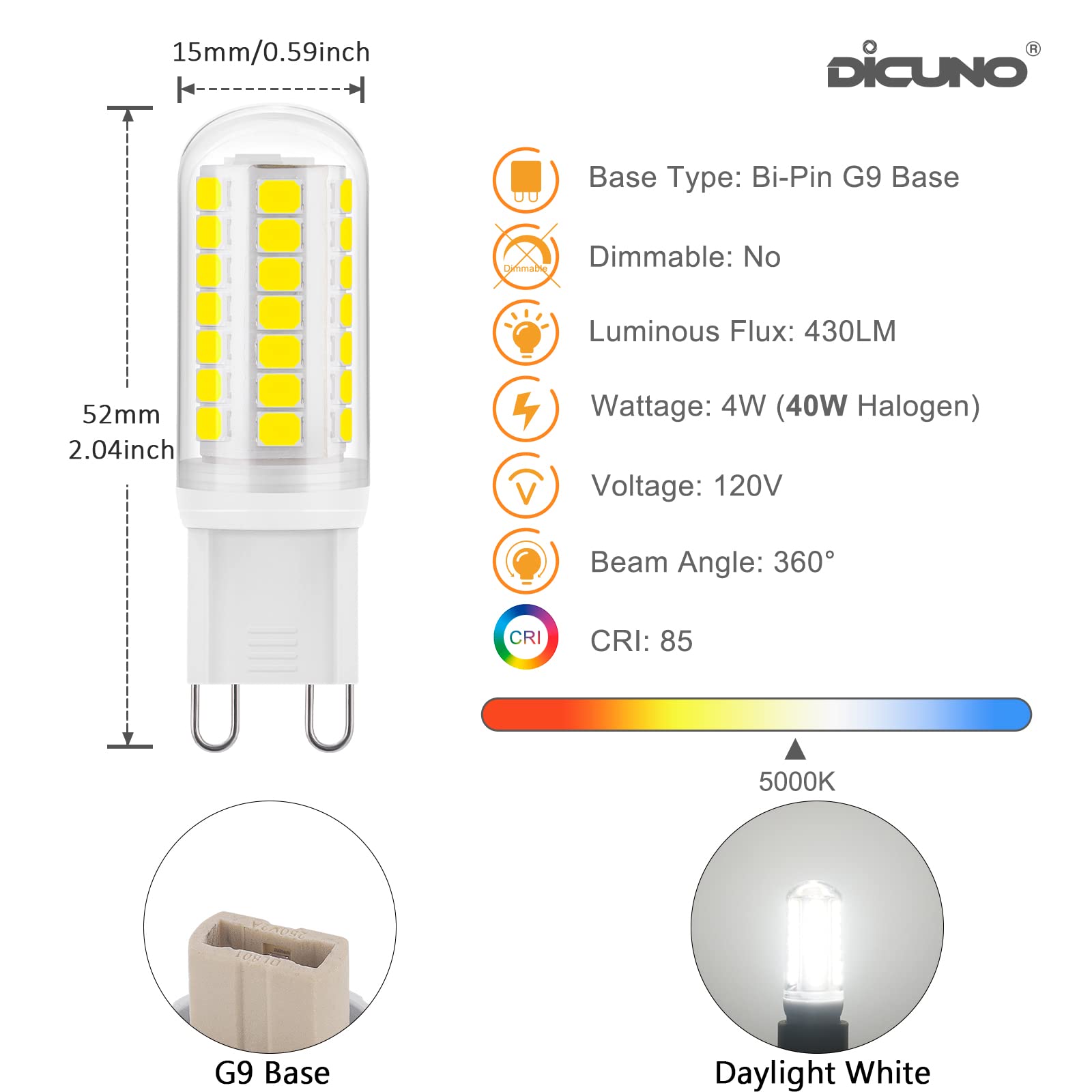 DiCUNO G9 LED Bulb Daylight White 5000K, 4W 40W Halogen Equivalent, Chandelier Light Bulbs T4 G9 Bi Pin Base, Non-dimmable 430LM Replacement for Bathroom Vanity Lights, Pendant Lighting, Pack of 6