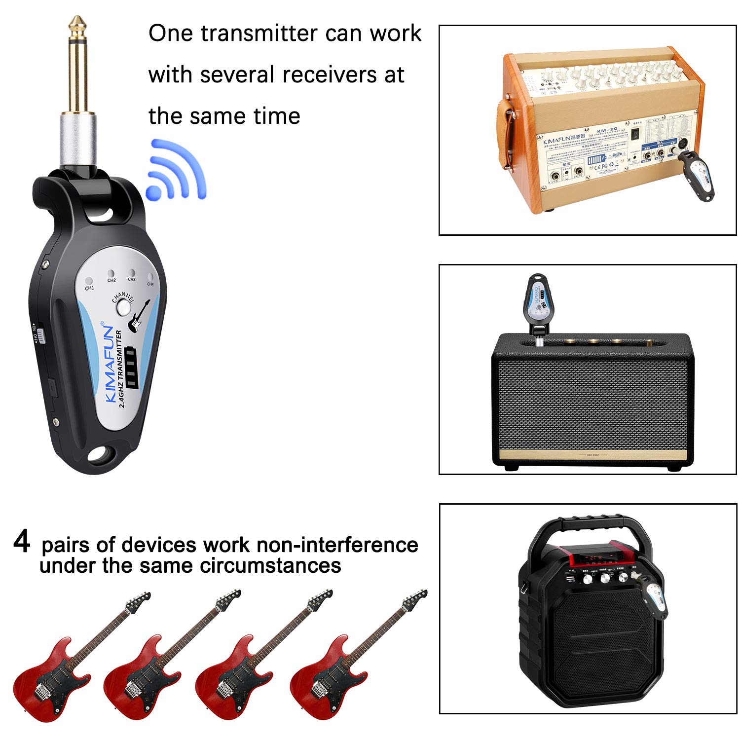 Wireless Guitar System, KIMAFUN 2.4GHz Wireless Rechargeable Digital Guitar Transmitter and Receiver for Electric Guitar, Bass, Violin, Electronic Drums, G207