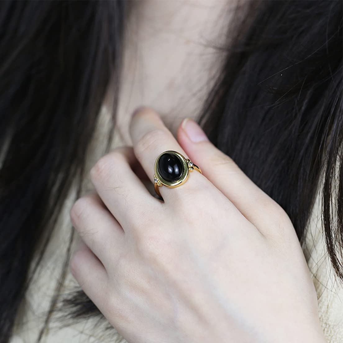DALEGEM Natural Oval Agate Onyx Stone Ring,14K Gold Real Genuine Crystal Quartz Gemstone Stone Ring Jewelry (Stone_A, Adjustable)
