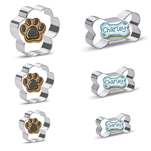 Dog Cookie Cutters Shapes for Treats - 6 Piece Dog Bone and Paw Print Shaped Cookie Cutter Set Biscuit Molds for Kids Small Dogs Homemade Treats Baking - Stainless Steel