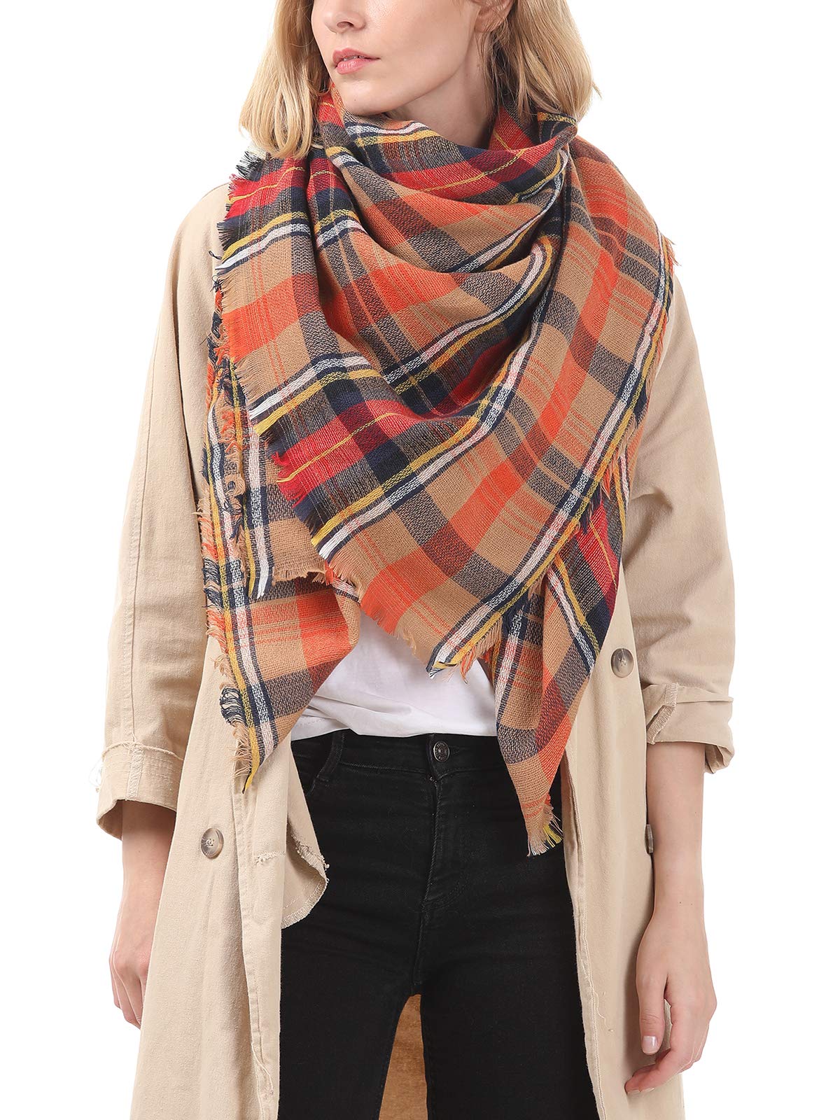 Century Star Women's Stylish Warm Tassels Soft Plaid Tartan Scarf Winter Large Blanket Wrap Shawl Beauty Orange