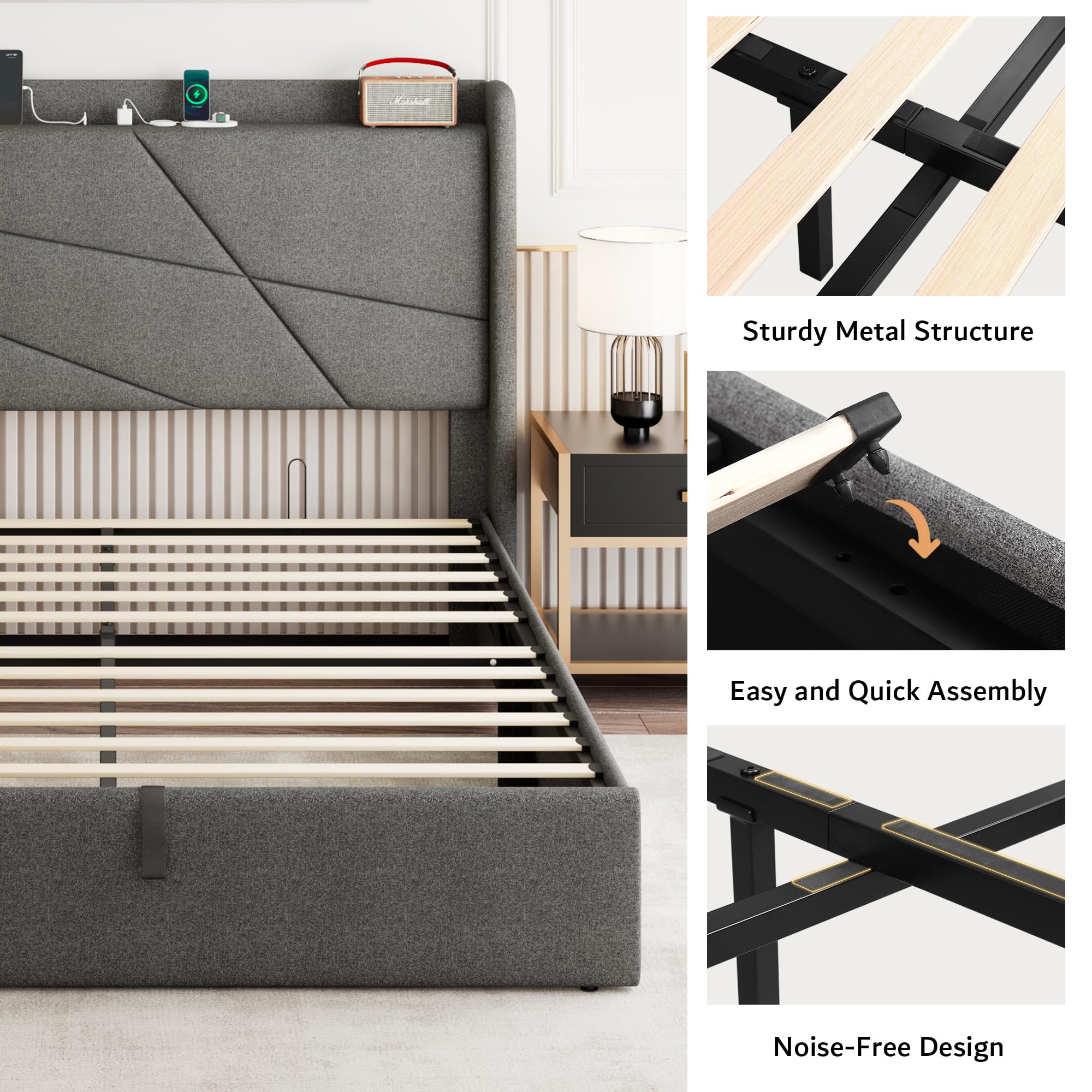 iPormis Queen Size Lift Up Storage Bed Frame with Charging Station, Upholstered Platform Bed Frame with Headboard, Hydraulic Storage, No Box Spring Needed, Noise-Free, Easy Assembly, Dark Grey