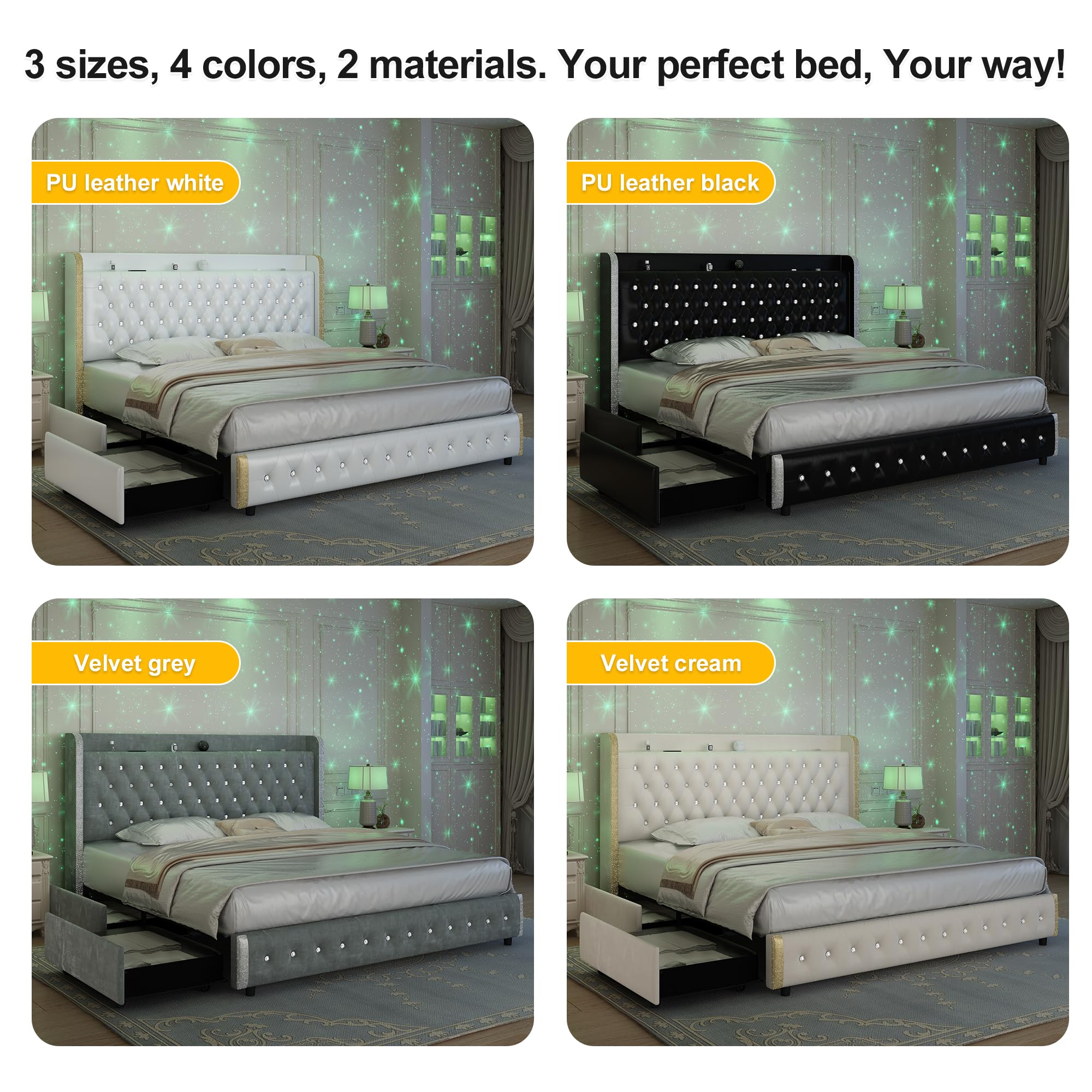 GEGOFORU Queen Wingback Modern Platform Bed with Galaxy Projector, 4 Dust-Proof Storage Drawers, LED Bed Frame, USB Ports, No Box Spring Needed & Noise-Free Sturdy Wood Slats, PU Black